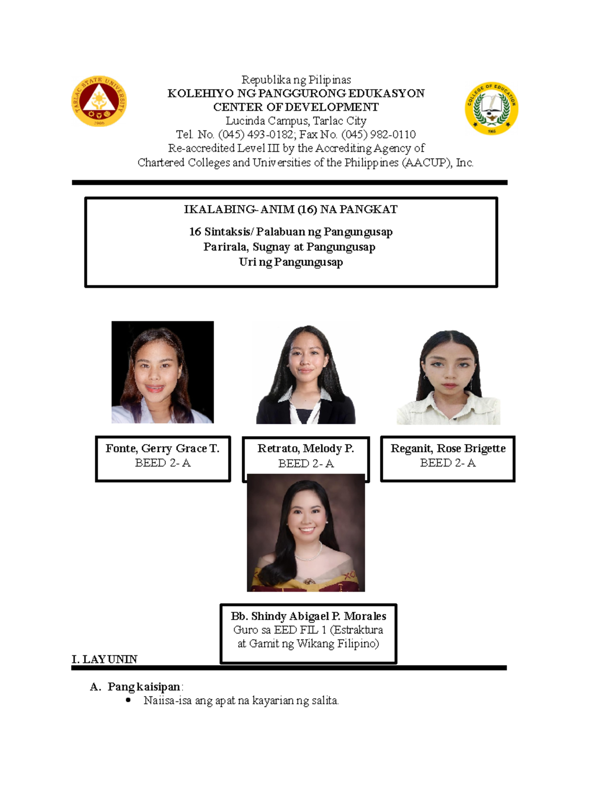 SDLP-FIL - always learn - Republika ng Pilipinas KOLEHIYO NG PANGGURONG ...