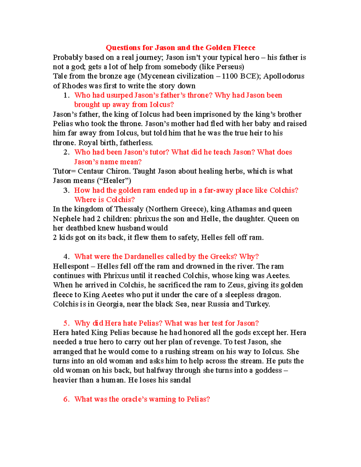 Questions for Jason and The Golden Fleece - Questions for Jason and the ...