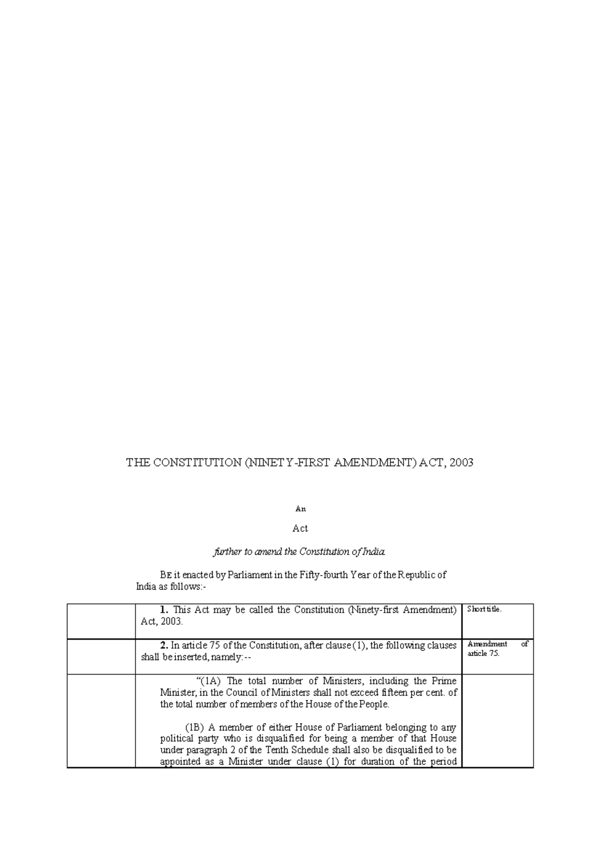 Amend 91 - Xyz - THE CONSTITUTION (NINETY-FIRST AMENDMENT) ACT, 2003 An ...