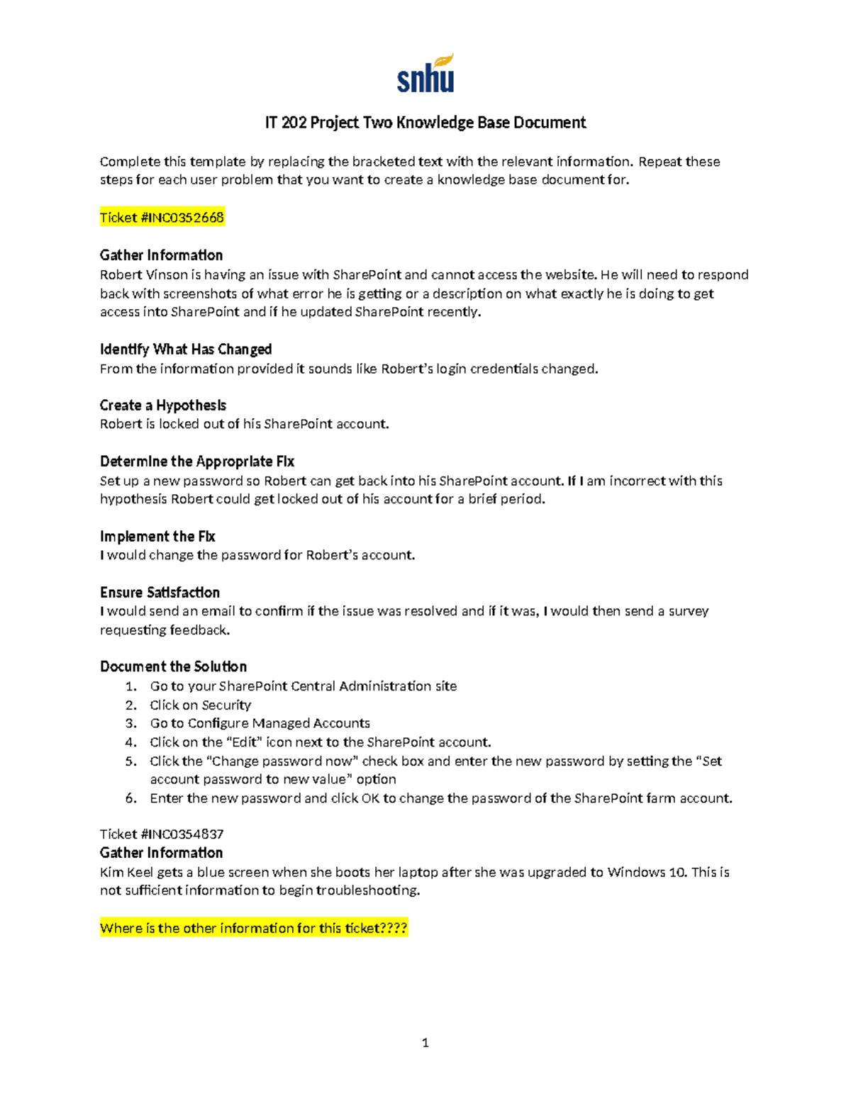 IT 202 Project Two Knowledge Base Document Template - Repeat these ...