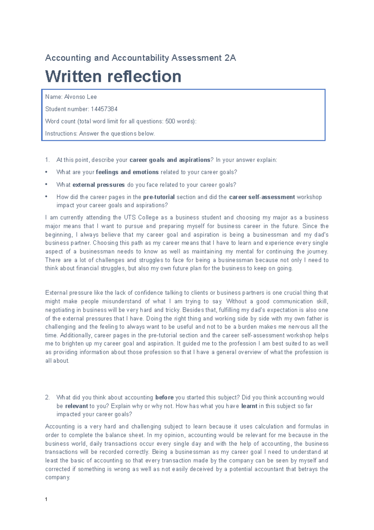 Assessment 2A Written reflection - Accounting and Accountability ...