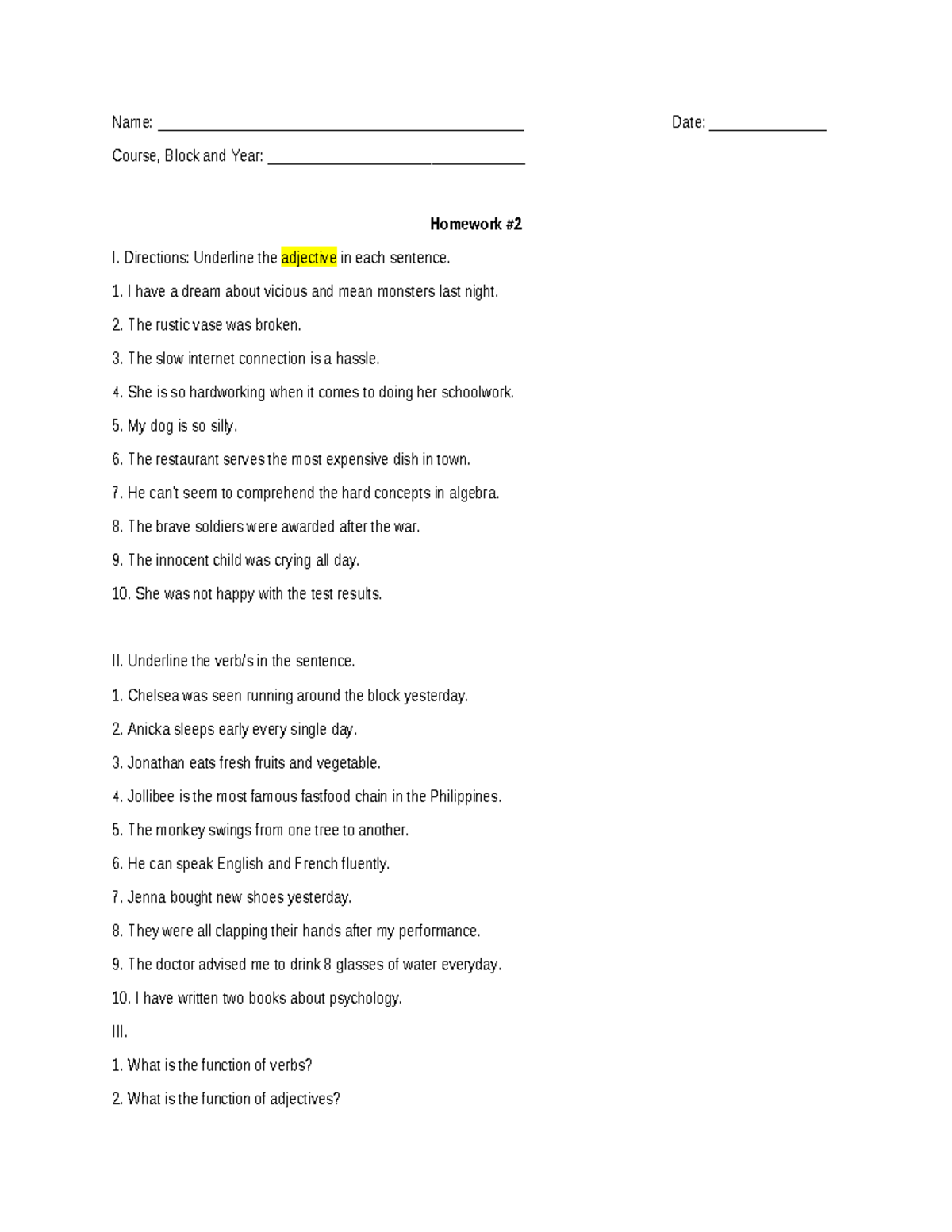 Homework in Grammar - Name ...