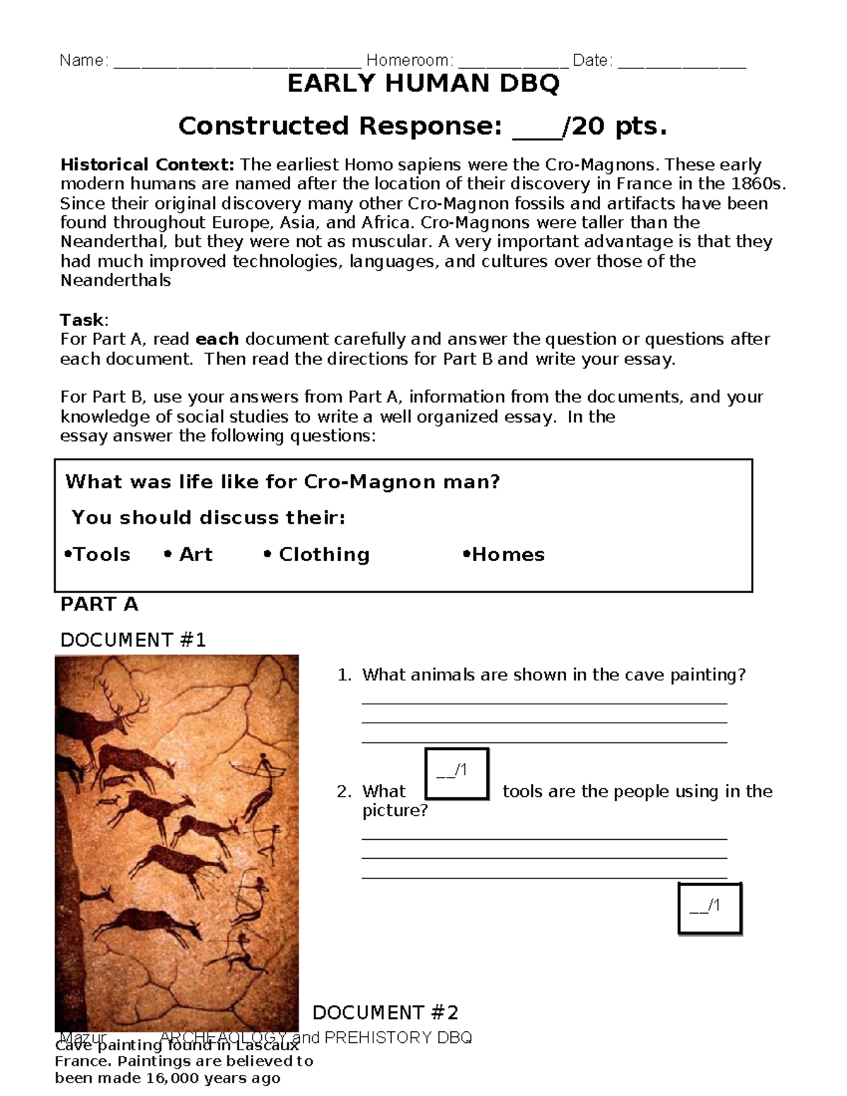 Demo Early Human DBQ - EARLY HUMAN DBQ Constructed Response: ____/20 ...