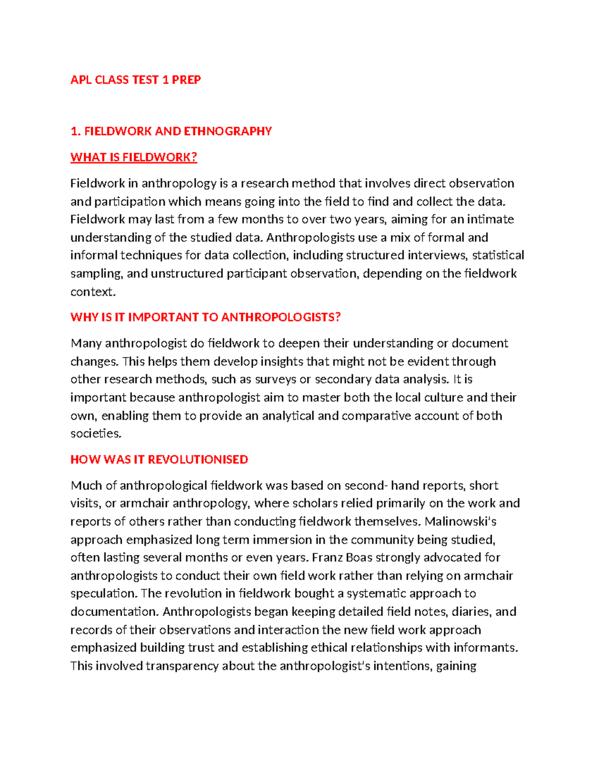 APL Class TEST 1 PREP - Summary Anthropology - APL CLASS TEST 1 PREP 1 ...
