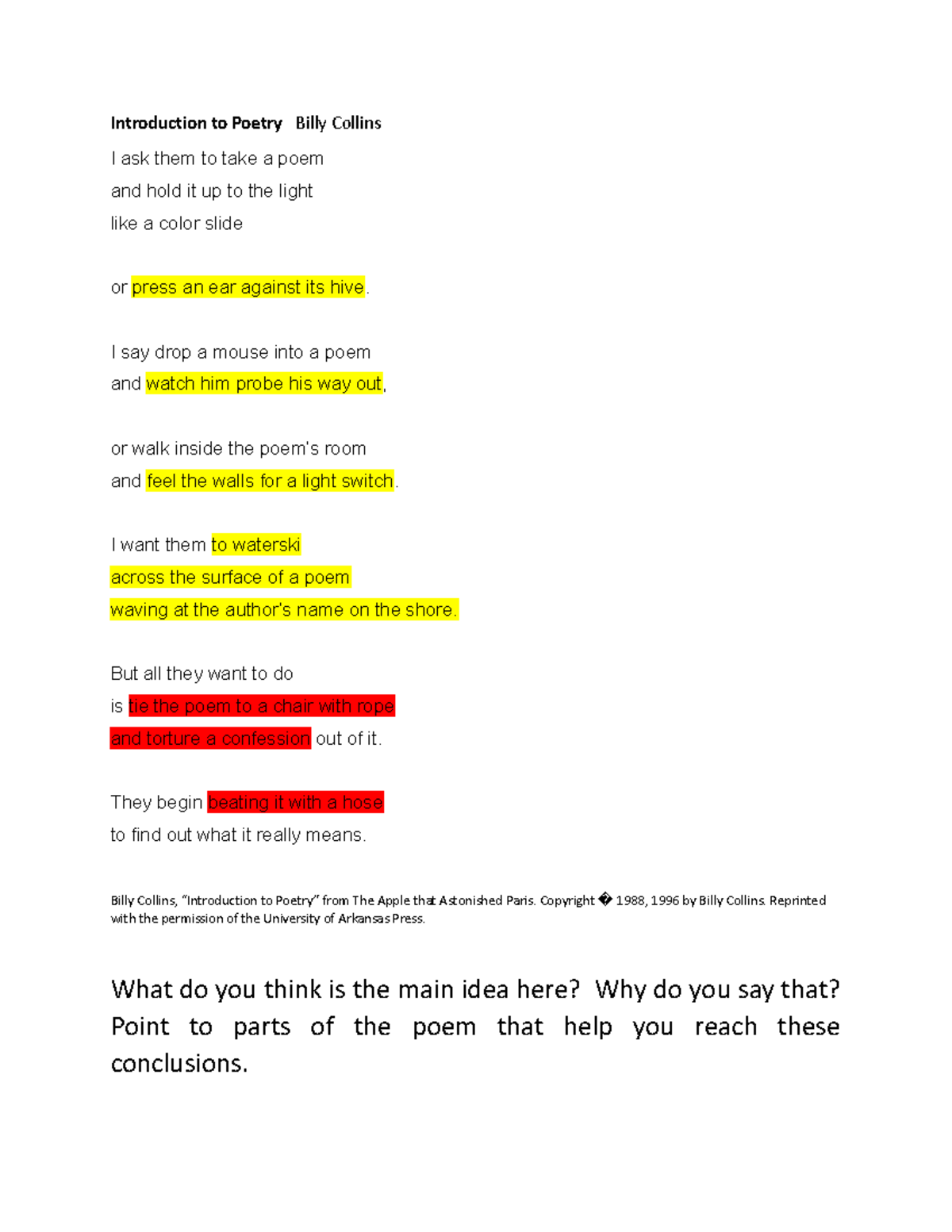 Introduction to Poetry Billy Collins - I say drop a mouse into a poem ...