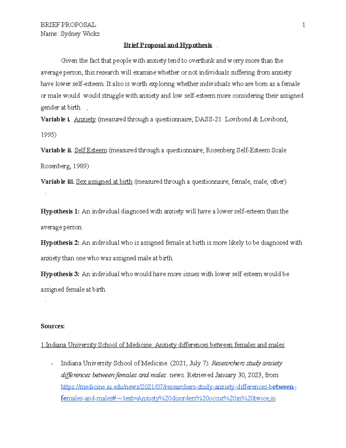 Psych 325 Breif Proposal - BRIEF PROPOSAL 1 Name: Sydney Wicks Brief ...