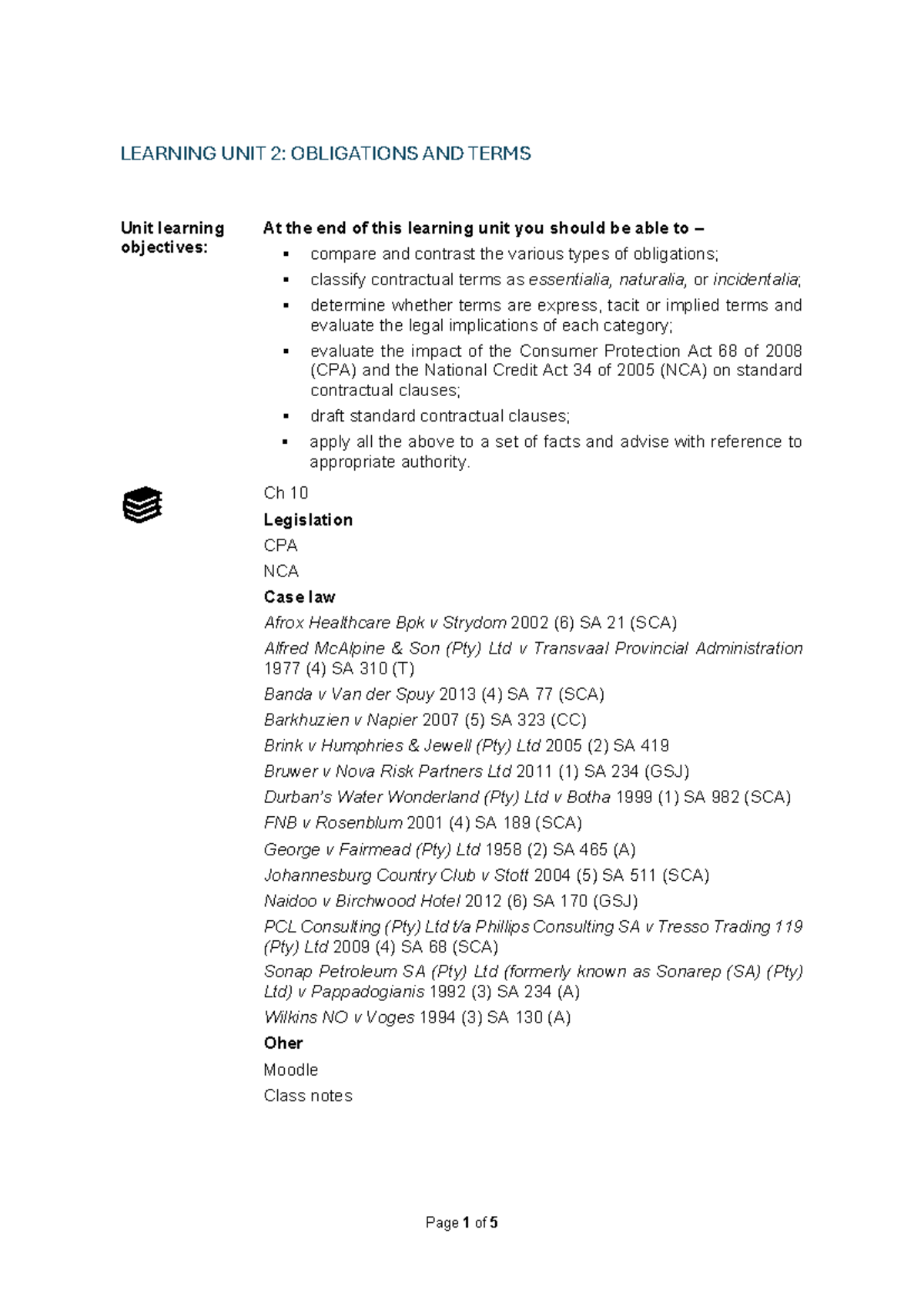 Learning UNIT 2 - Slides - LEARNING UNIT 2: OBLIGATIONS AND TERMS Unit ...