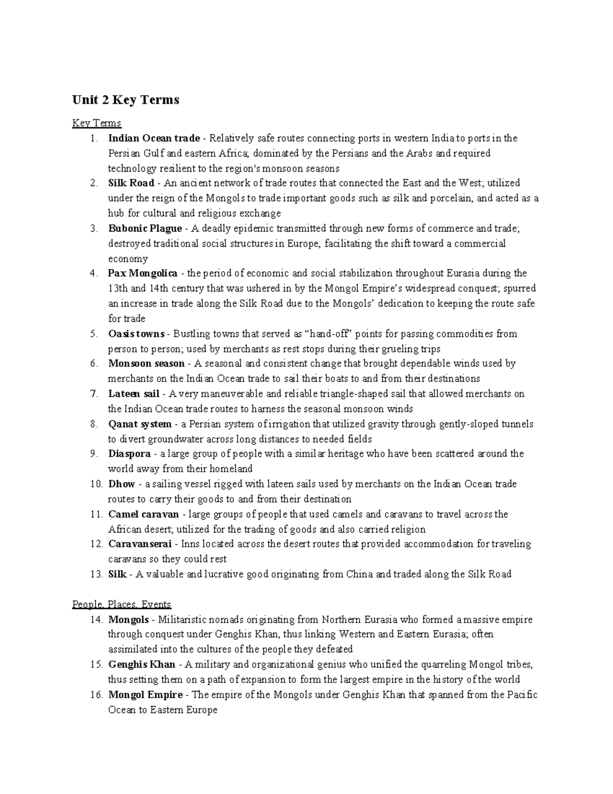 WHAP Key Terms Unit 2 - Unit 2 Key Terms Key Terms 1. Indian Ocean trade - Relatively safe ...