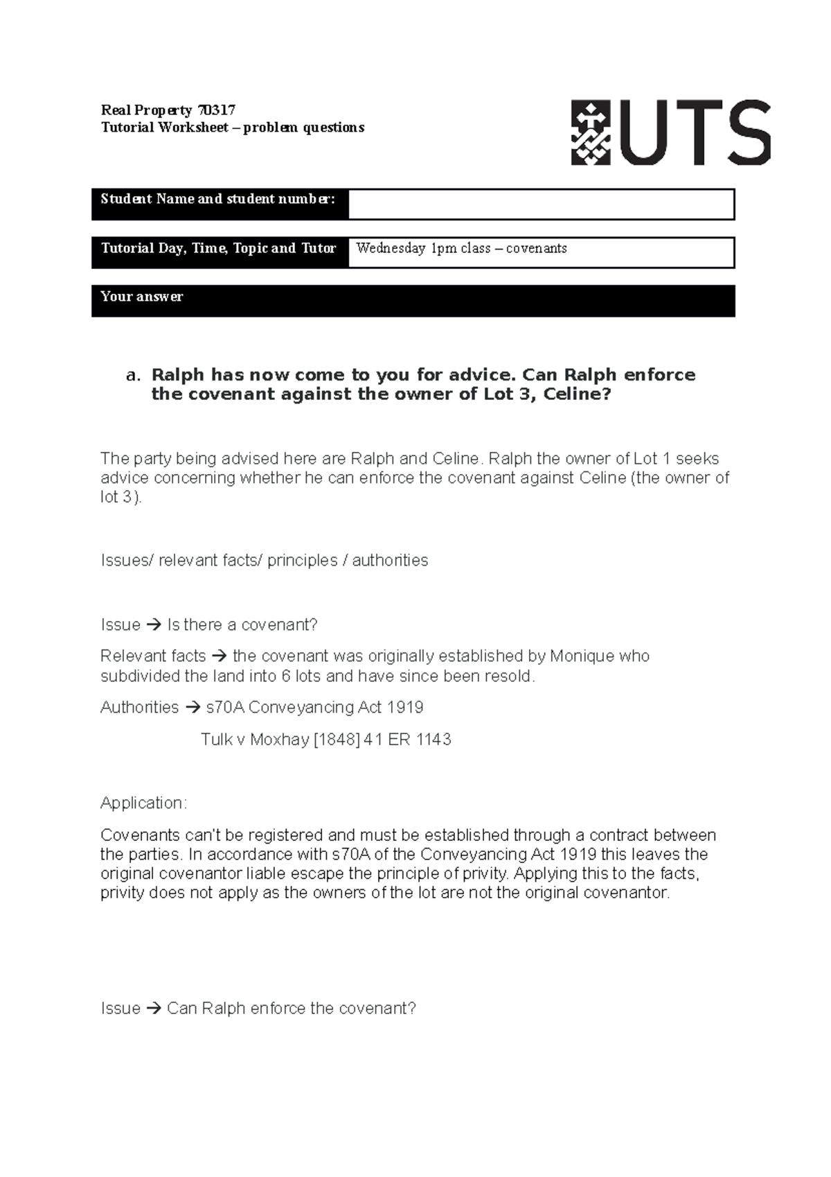 Covenants - Real Property 70317 Tutorial Worksheet – problem questions ...