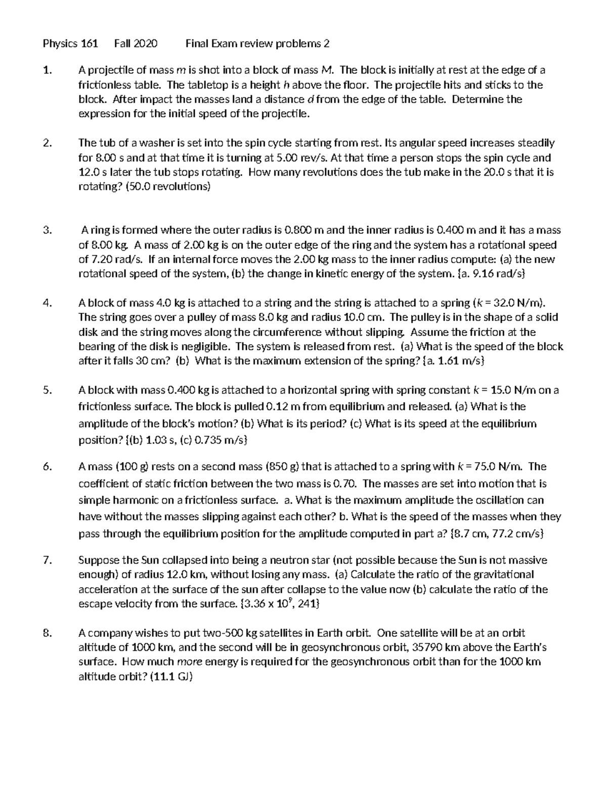 PHYS 161 Final Exam Review problems 2 - Physics 161 Fall 2020 Final Exam review problems 2 A ...