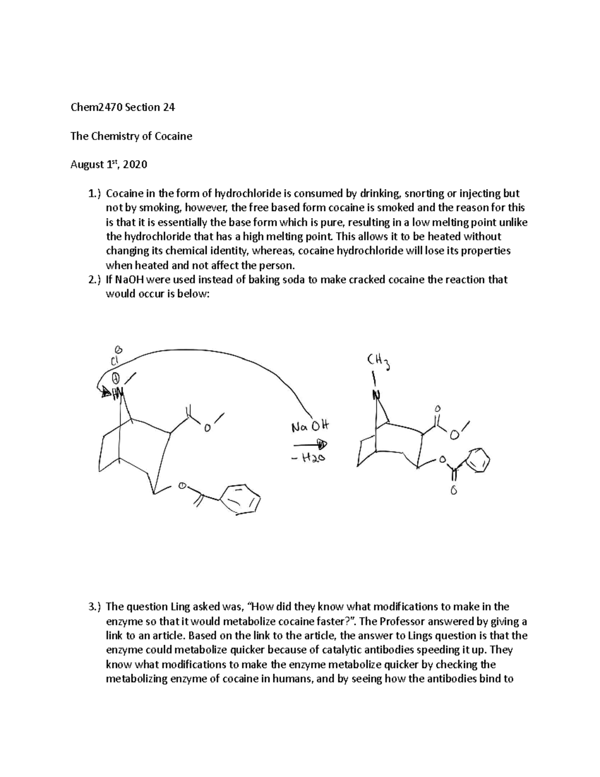 The chemistry of cocaine case study - Chem2470 Section 24 The Chemistry ...