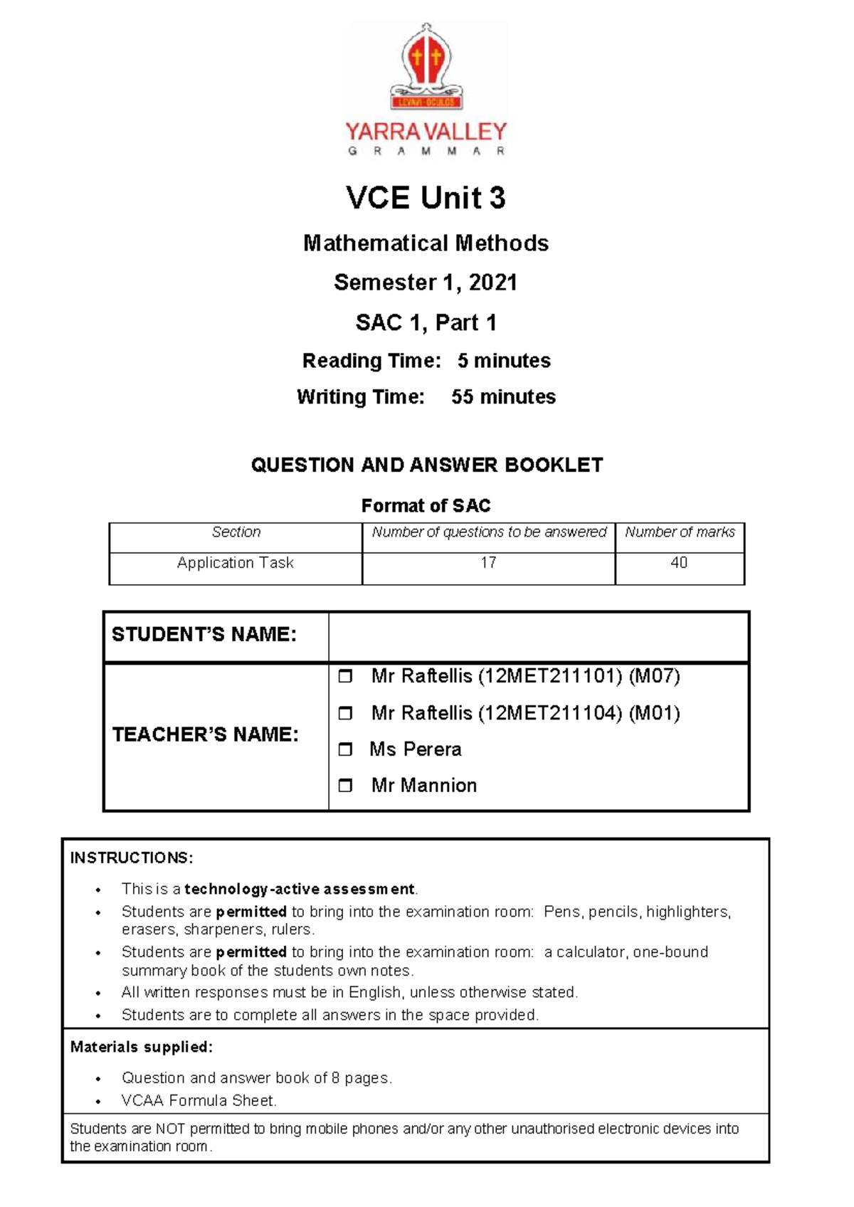 2021 SAC #1 Application Task Parts 1 to 3 Marking Scheme - VCE Unit 3 Mathematical Methods ...
