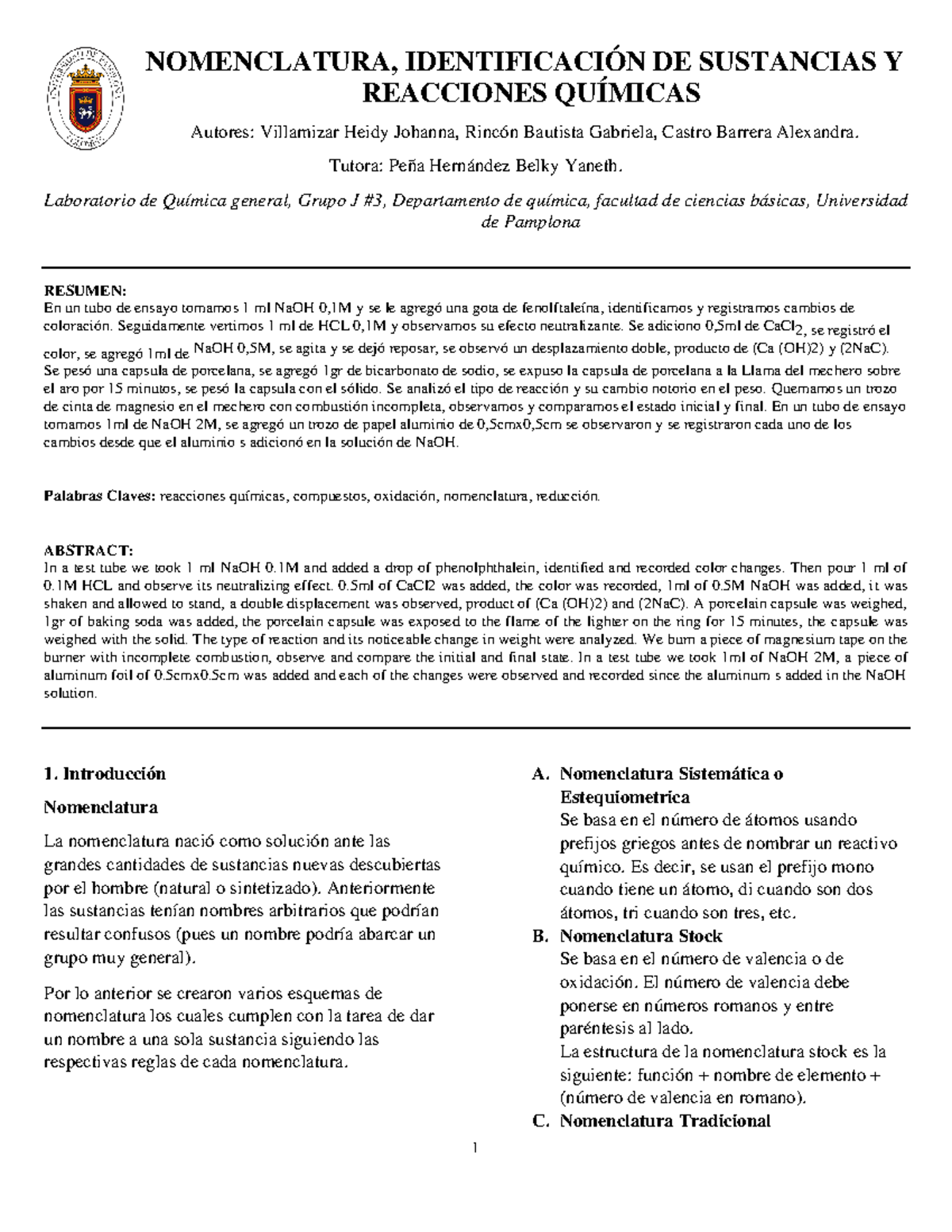 Nomenclatura (1) 1 - NOMENCLATURA, IDENTIFICACIÓN DE SUSTANCIAS Y REACCIONES QUÍMICAS Autores ...