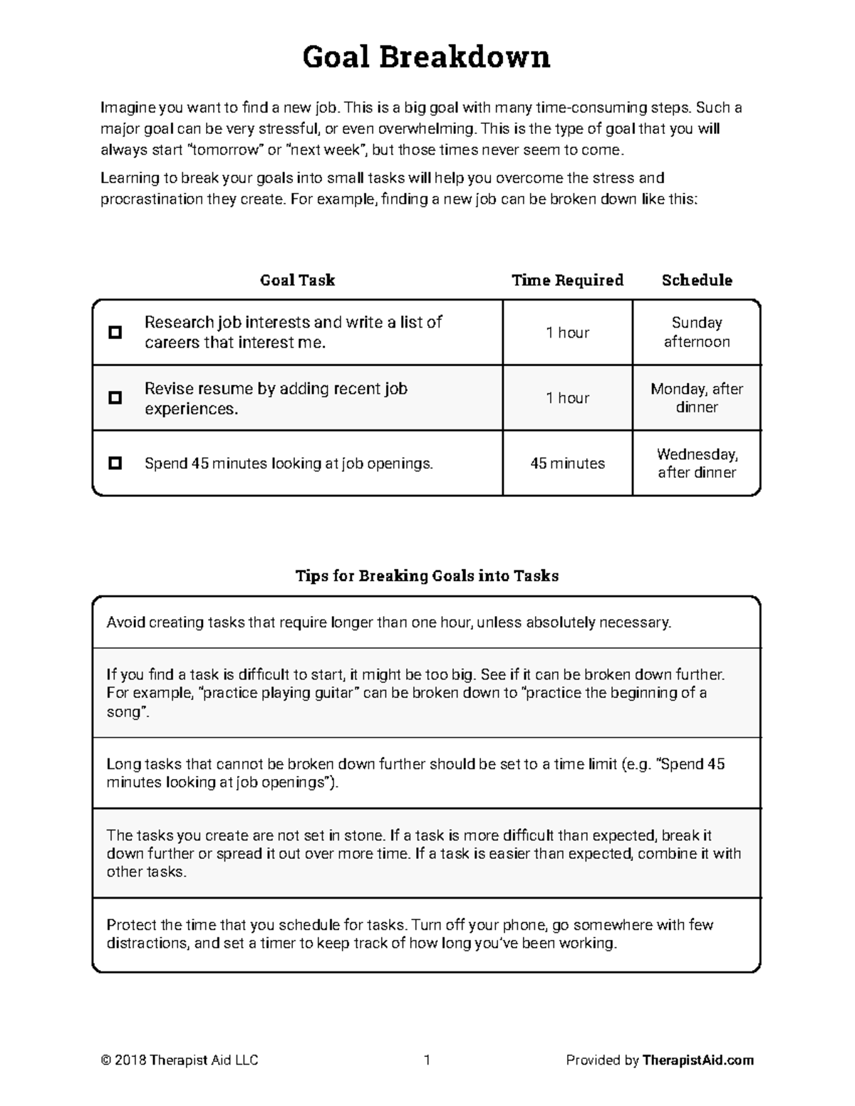 Goal-breakdown - Goal Breakdown © 2018 Therapist Aid LLC 1 Provided by ...