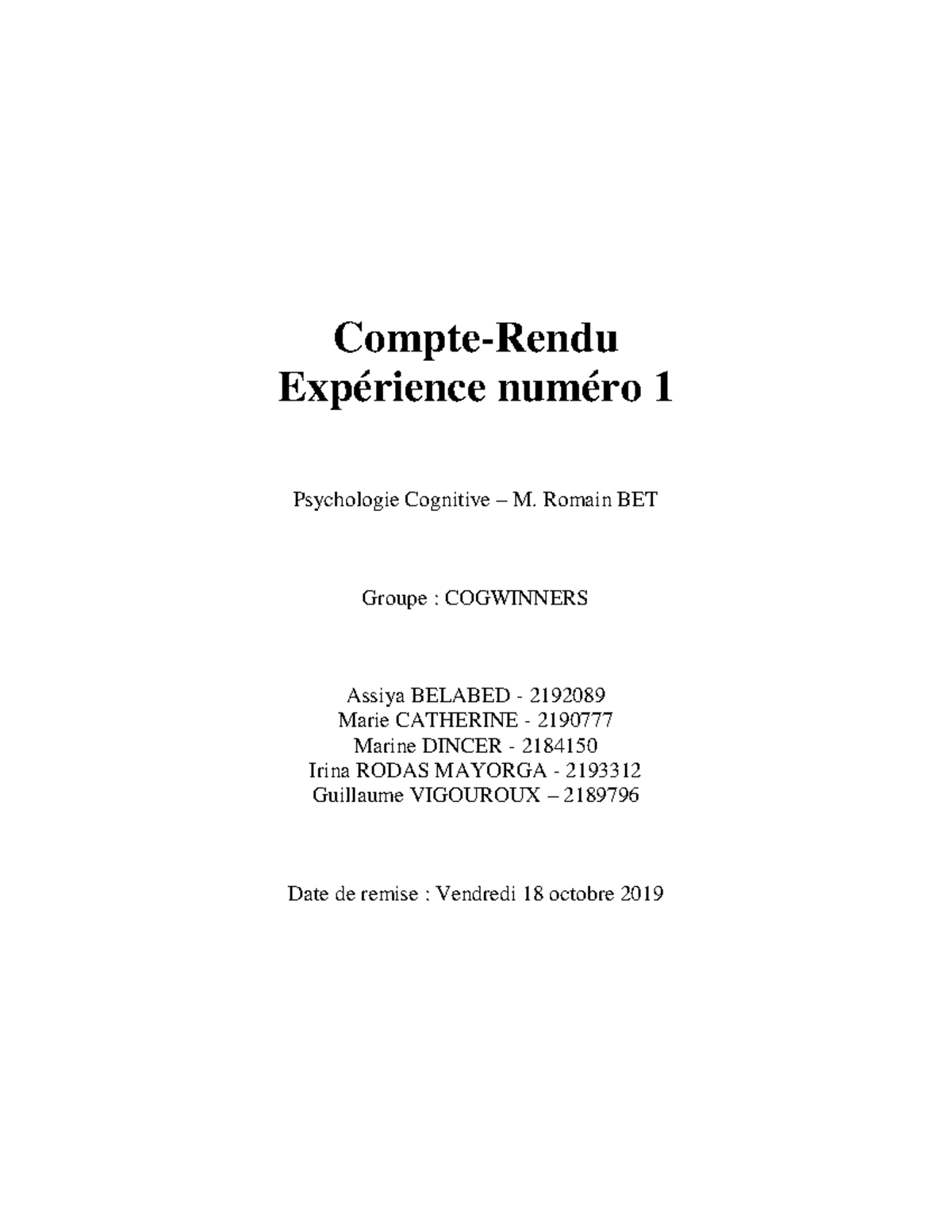 Compte Rendu Psycho - Warning: TT: undefined function: 32 Compte-Rendu Expérience numéro 1 - Studocu