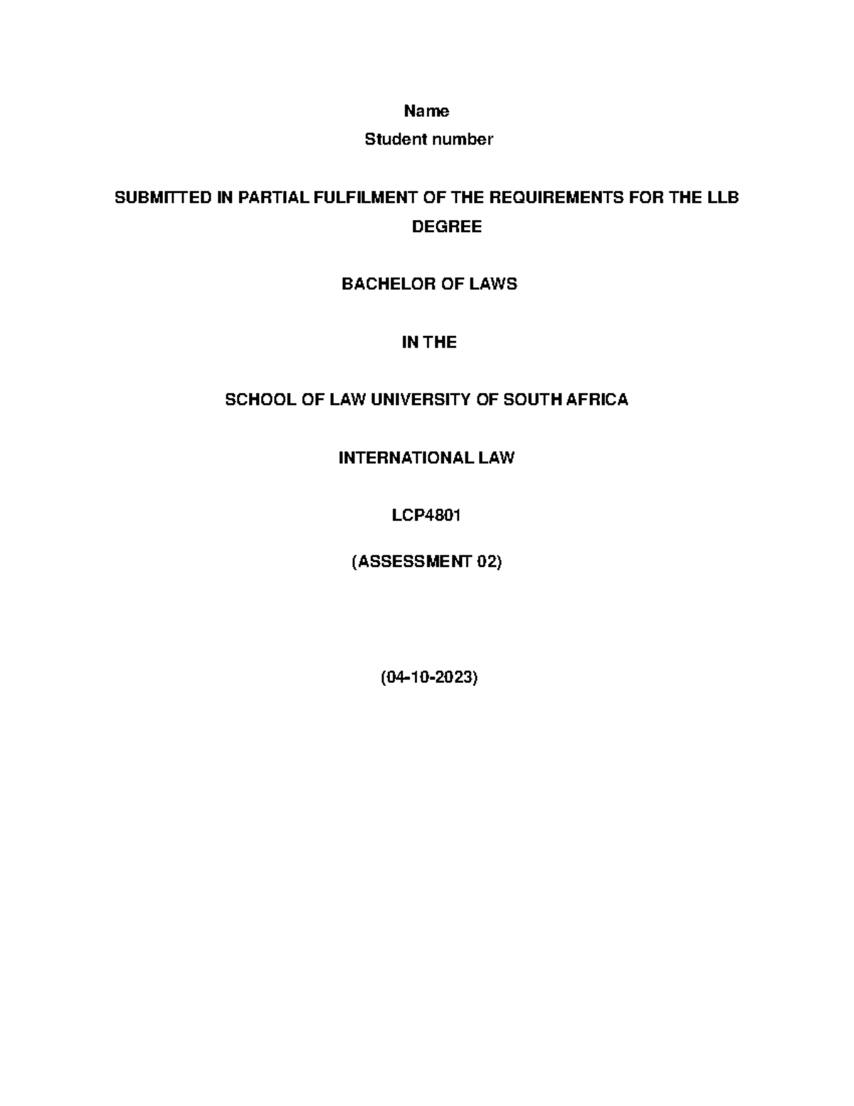 International law assignment 2 semester 2 2023 - Name Student number ...