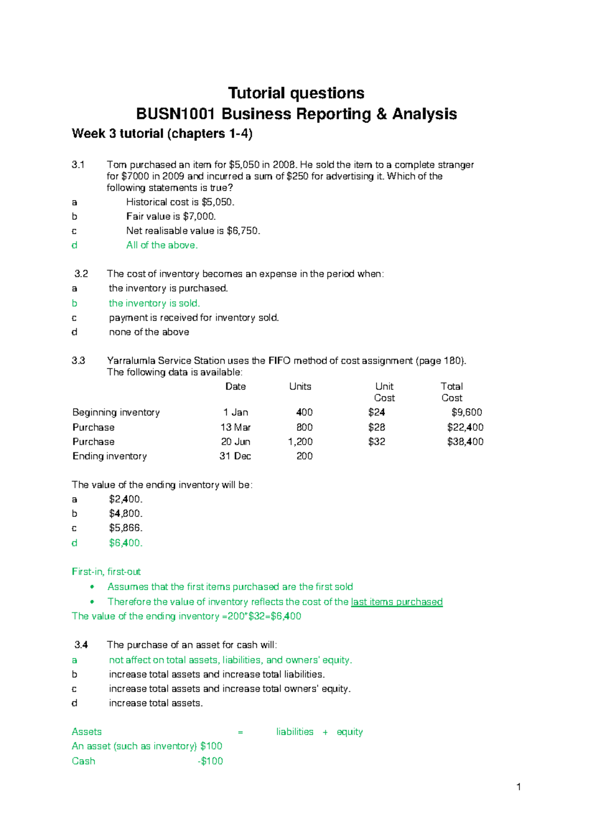 Tutorial Solutions - Week 3 - Tutorial questions BUSN1001 Business Reporting & Analysis Week 3 ...