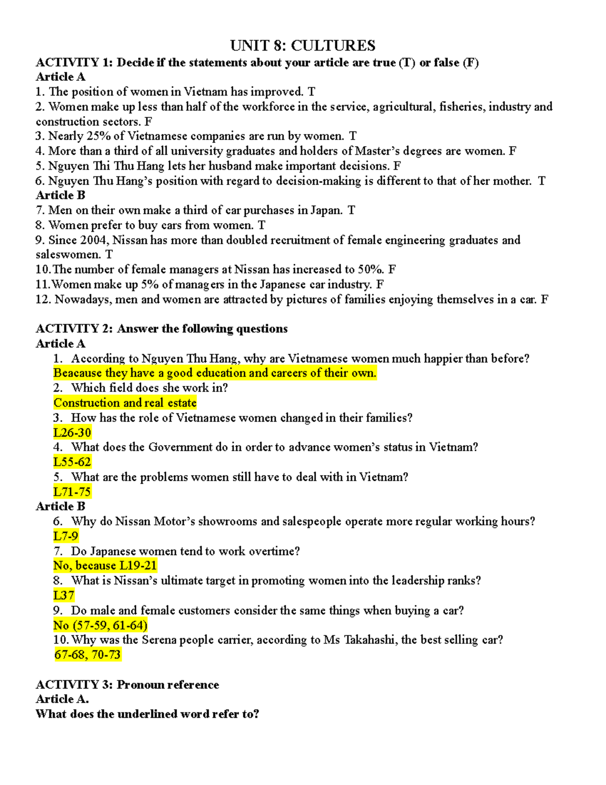 UNIT 8 NHẬP MÔN HỆ ĐIỀU HNHFA - UNIT 8: CULTURES ACTIVITY 1: Decide if ...