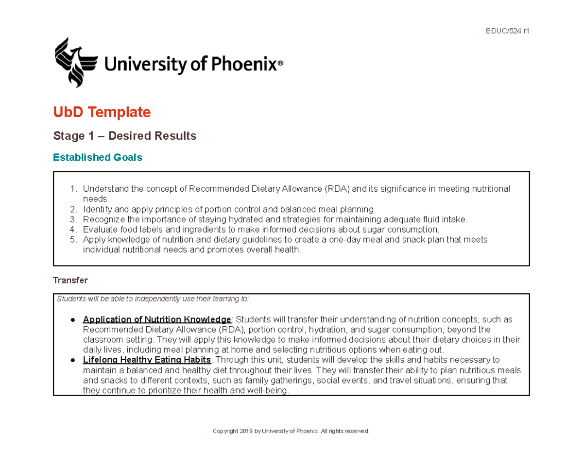 Week 3 - Assigning Assessments to Standards - EDUC/524 r UbD Template ...