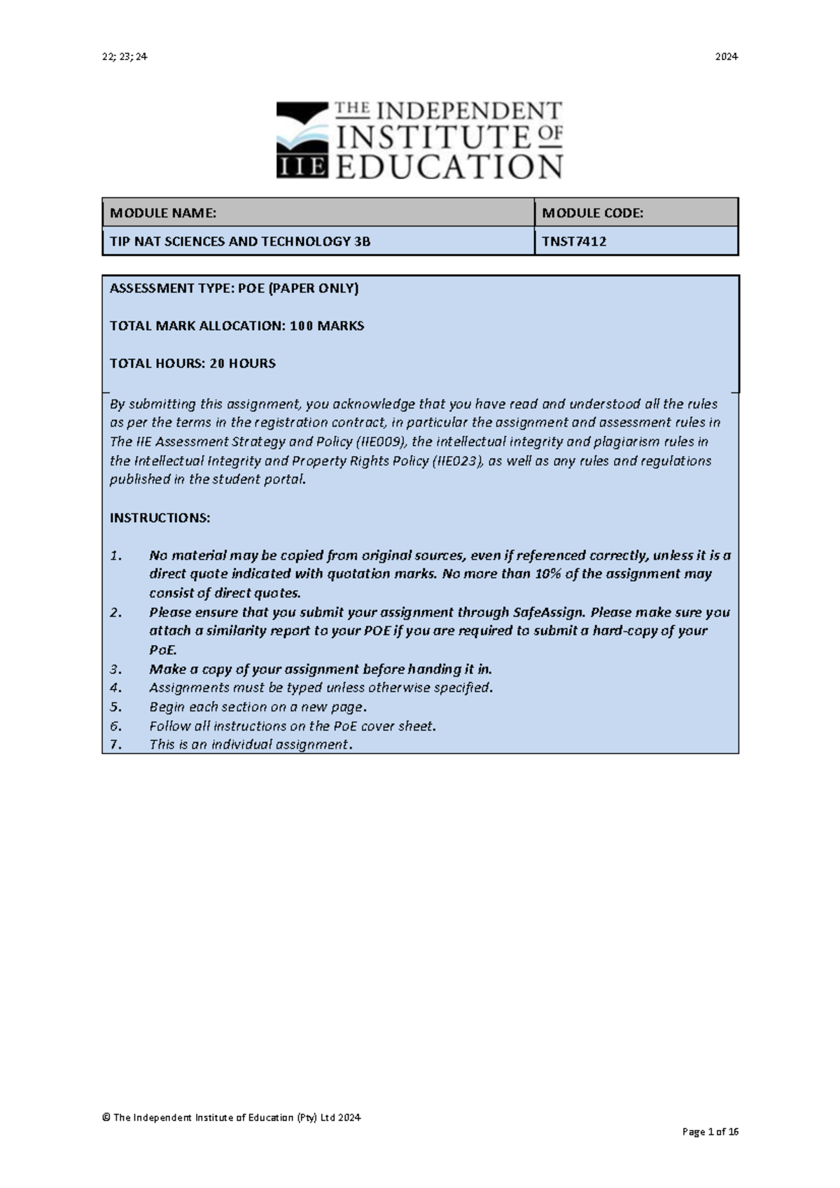 POE - POE - © The Independent Institute of Education (Pty) Ltd 20 24 ...