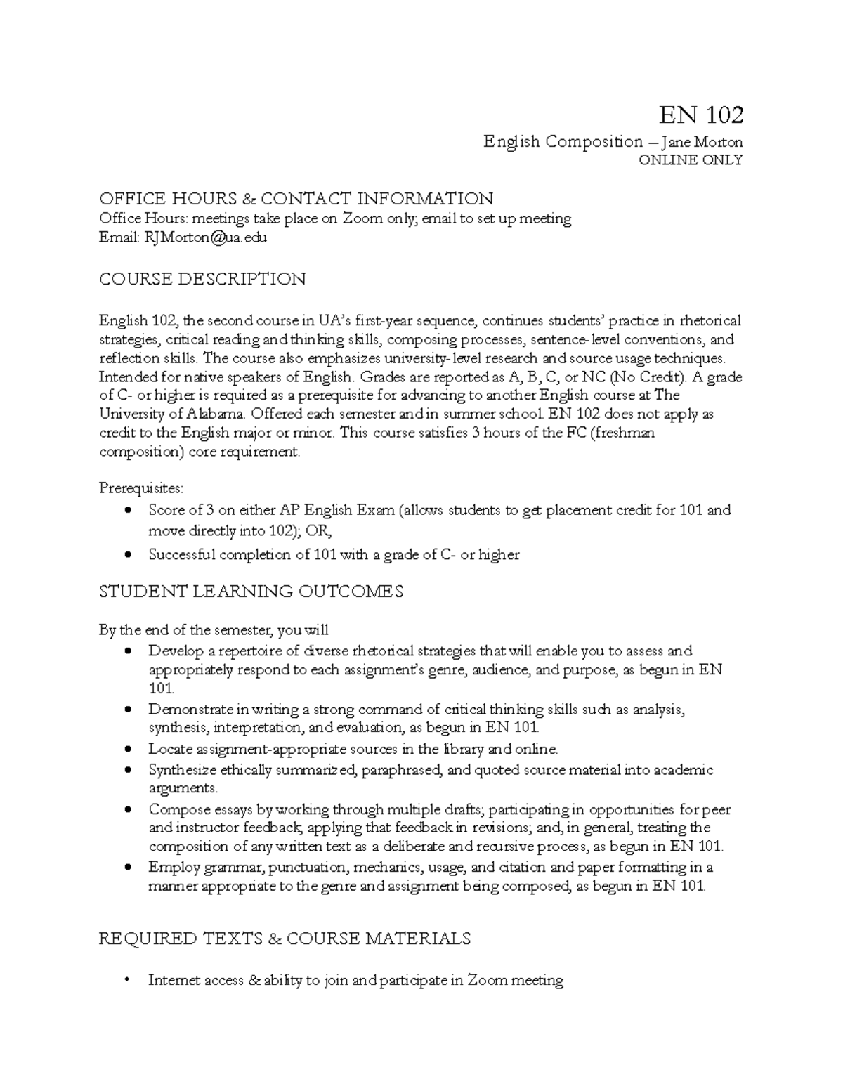 EN 102 Syllabus - EN 102 English Composition – Jane Morton ONLINE ONLY ...