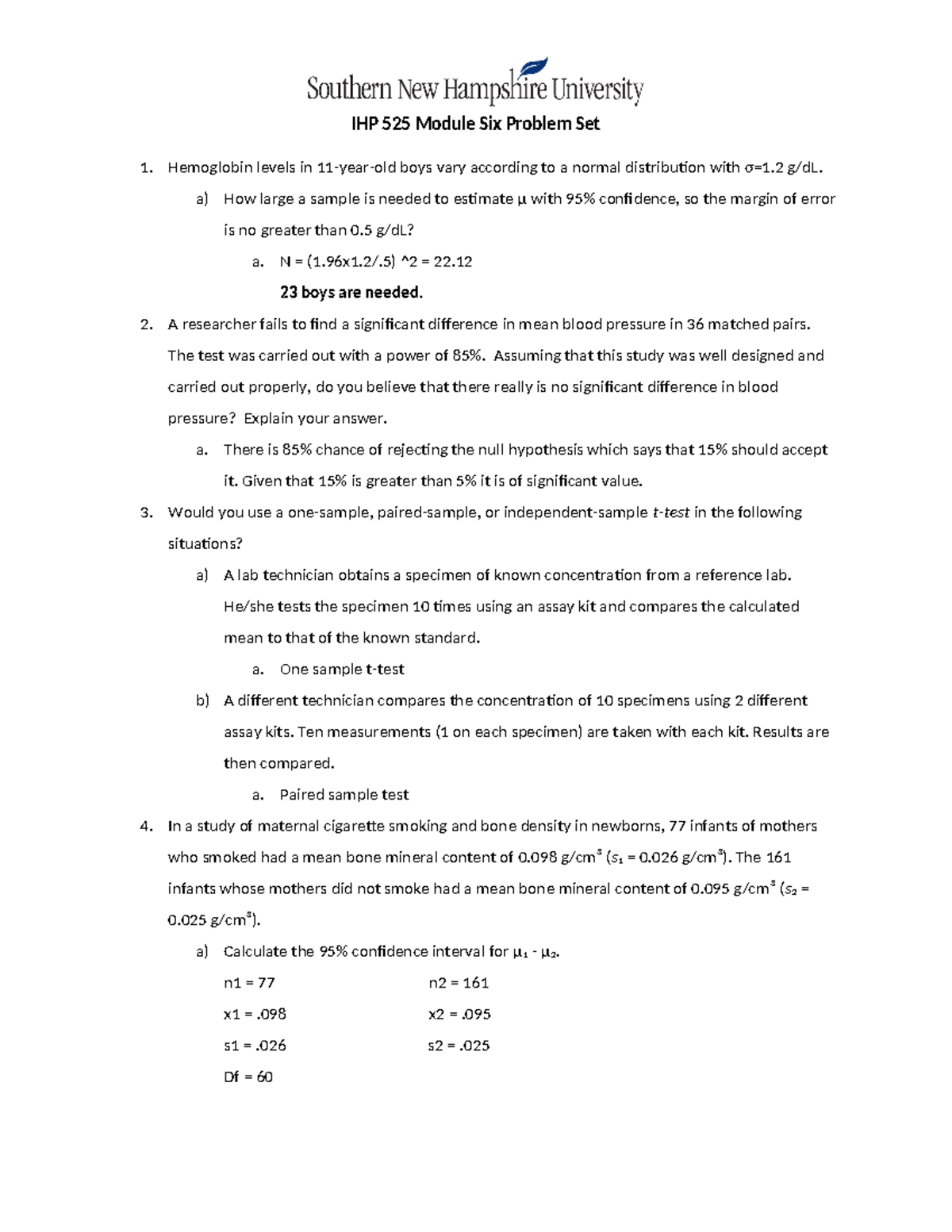 Module Six Problem Set - N/A - IHP 525 Module Six Problem Set ...