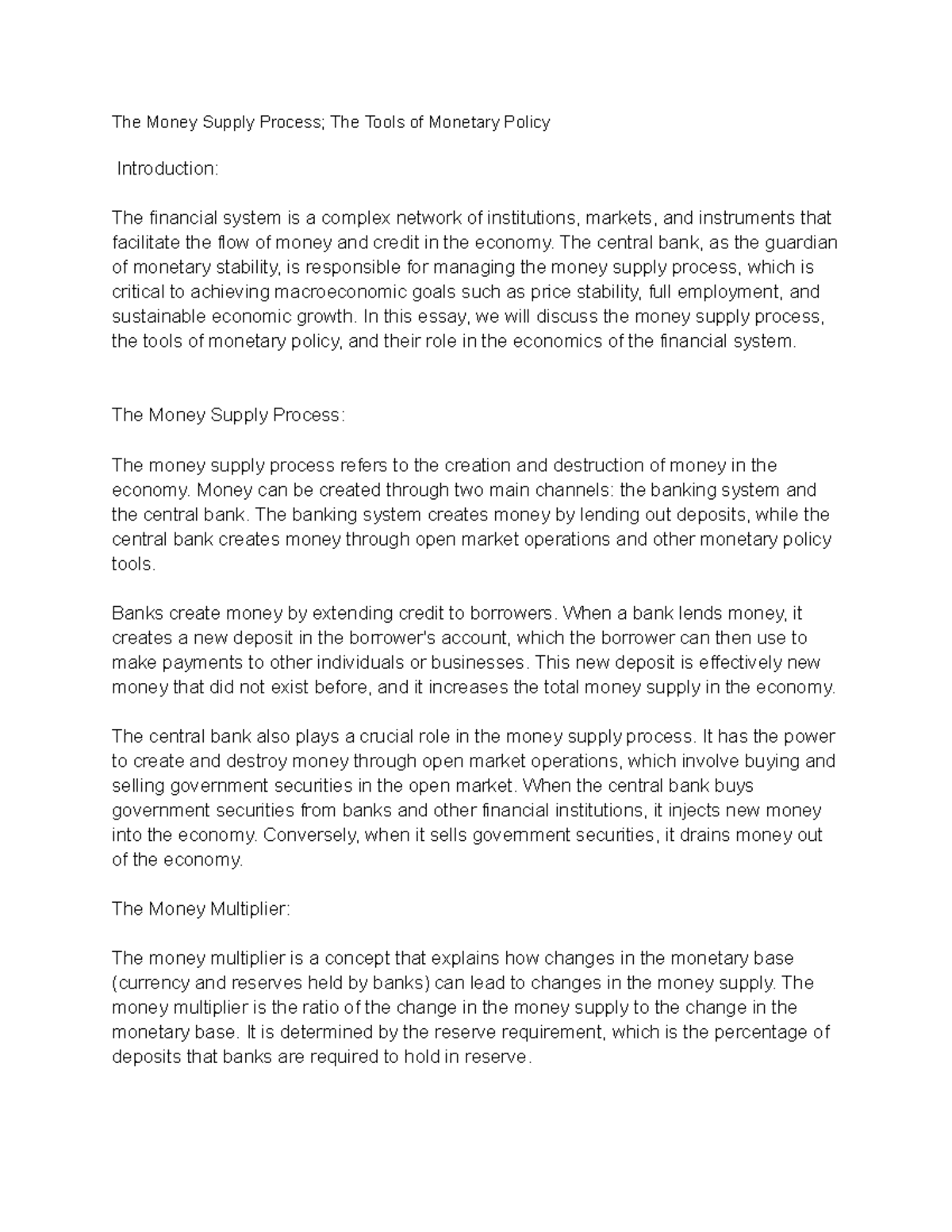 The Money Supply Process; The Tools of Monetary Policy - The Money ...