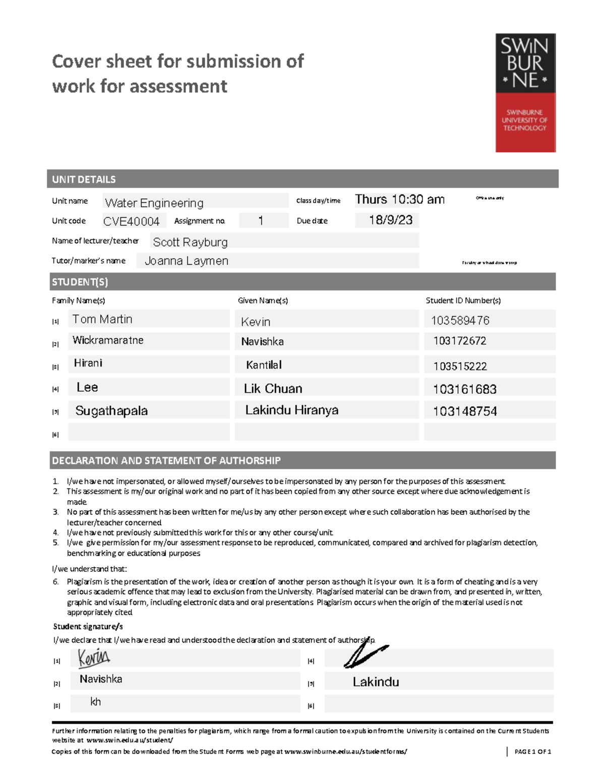 Final Edit - Water Eng - 1ST ASSIGNMENT - Cover sheet for submission of ...