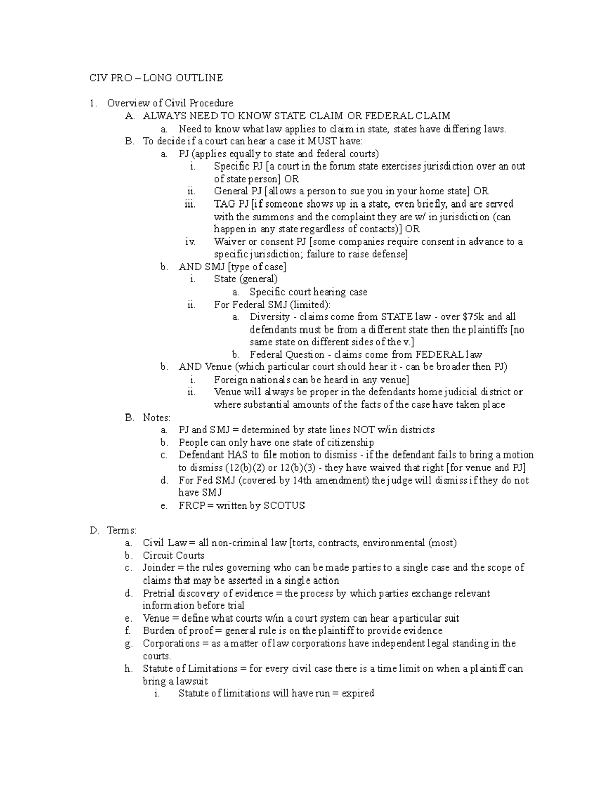 Civ Pro Note Outline/Class Notes - CIV PRO – LONG OUTLINE Overview of ...