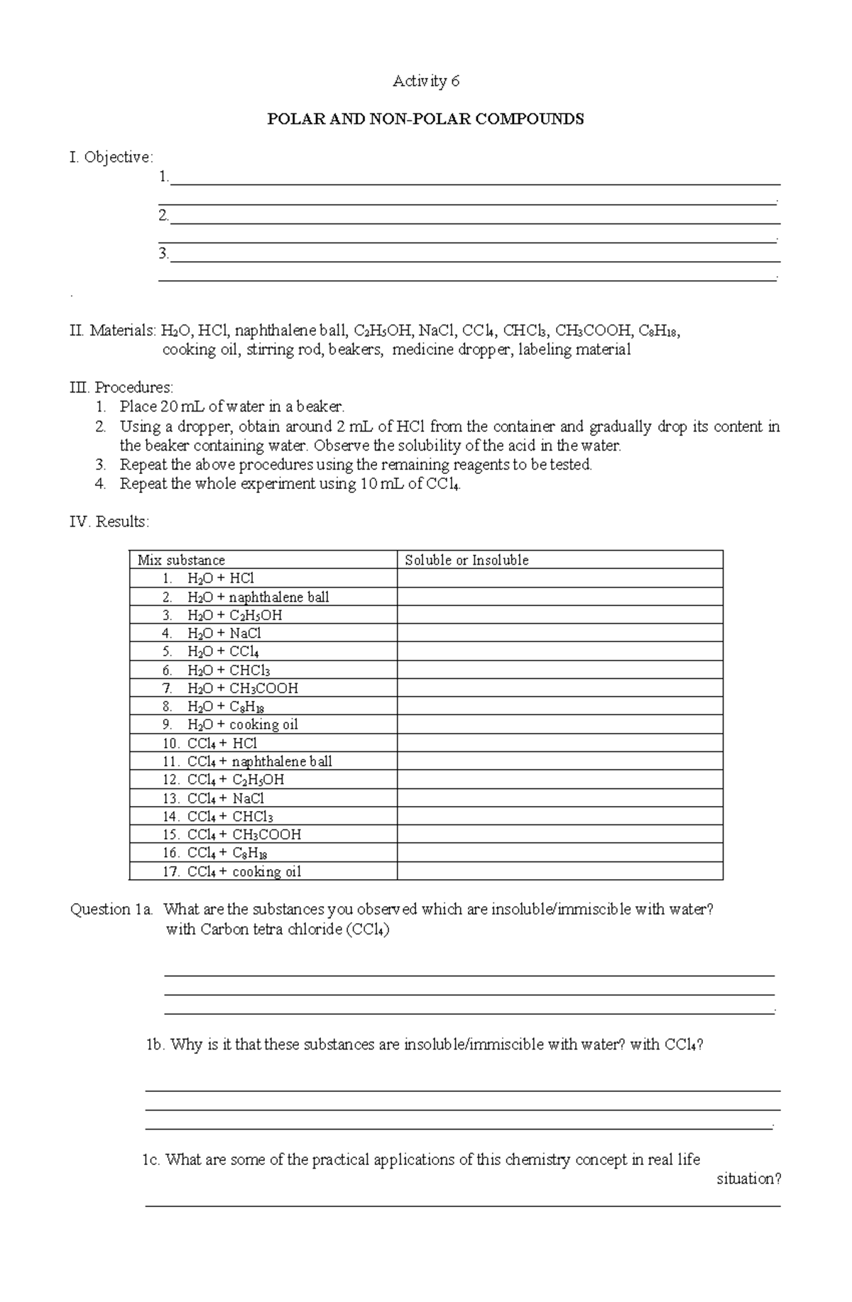 Polar and Non Polar Bonds - Activity 6 POLAR AND NON-POLAR COMPOUNDS I ...