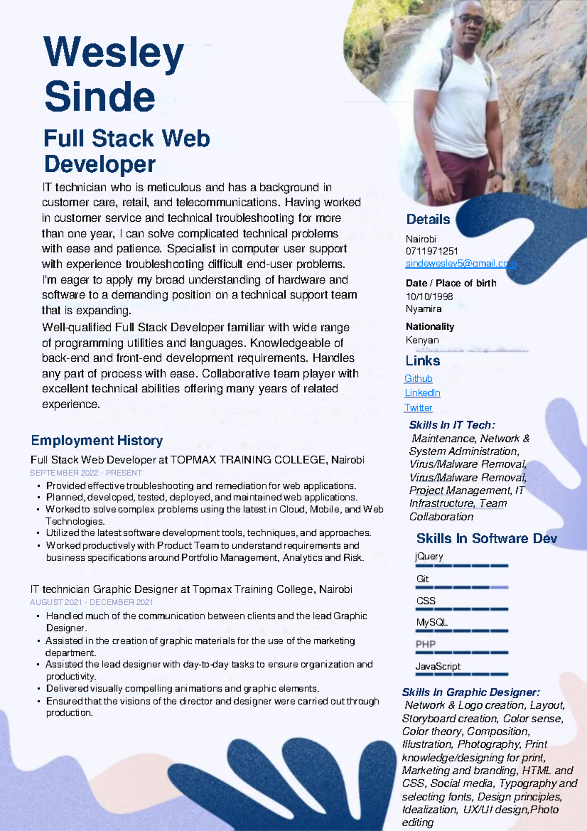 Wesley Sinde Resume - wewewe - Wesley Sinde Full Stack Web Developer IT technician who is ...