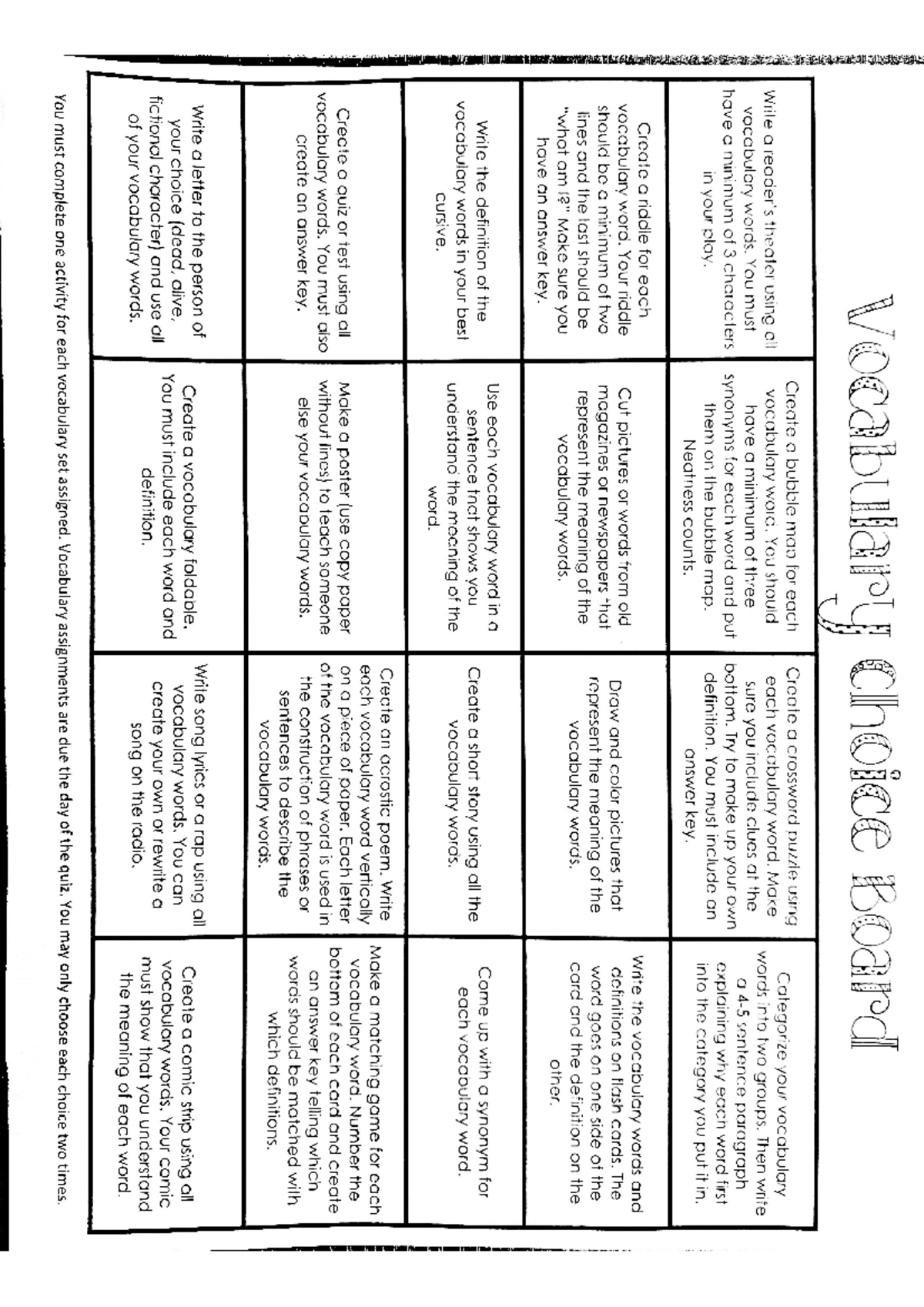 Vocabulary Choice Board - 26.0110001-12 - Studocu
