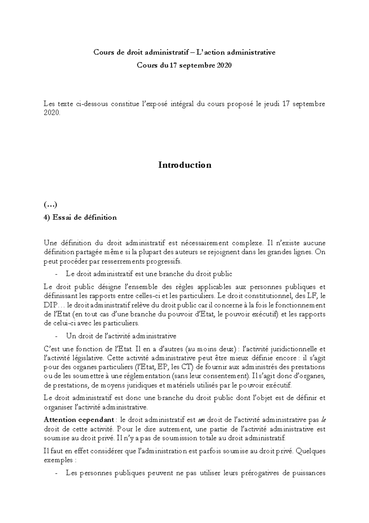 Cours de droit administratif - Introduction (...) 4) Essai de ...