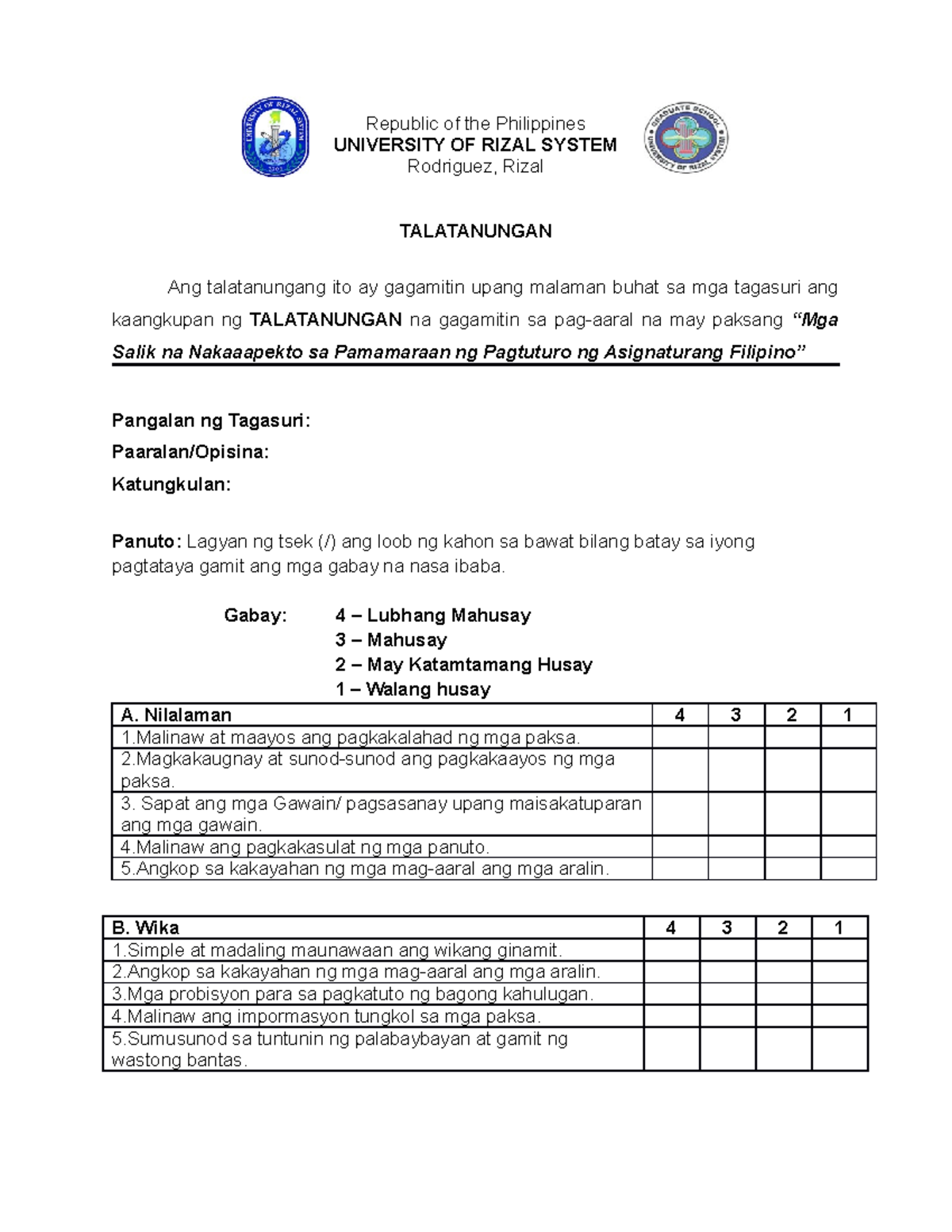 Balidasyon-NG- Talatanungan - Republic of the Philippines UNIVERSITY OF ...