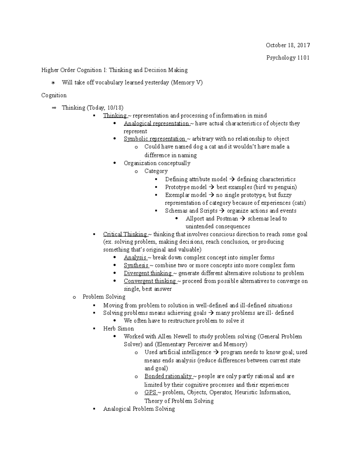 Higher Order Cognition I - October 18, 2017 Psychology 1101 Higher Order Cognition I: Thinking ...
