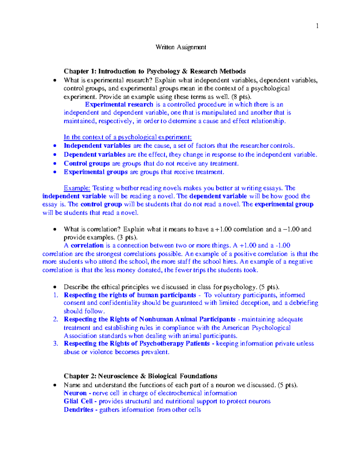 PSYN Midterm Review - 1 Written Assignment Chapter 1: Introduction to ...