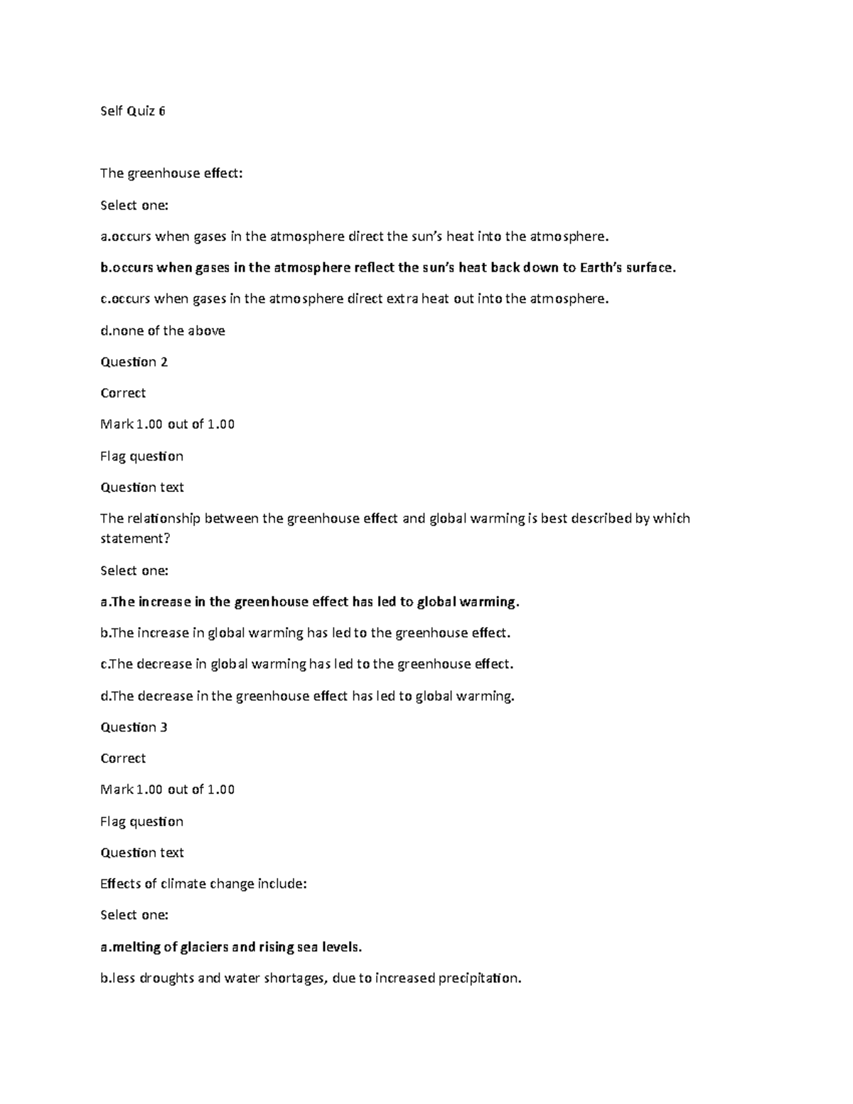 Environmental Science Self Quiz 6 - Self Quiz 6 The greenhouse effect ...