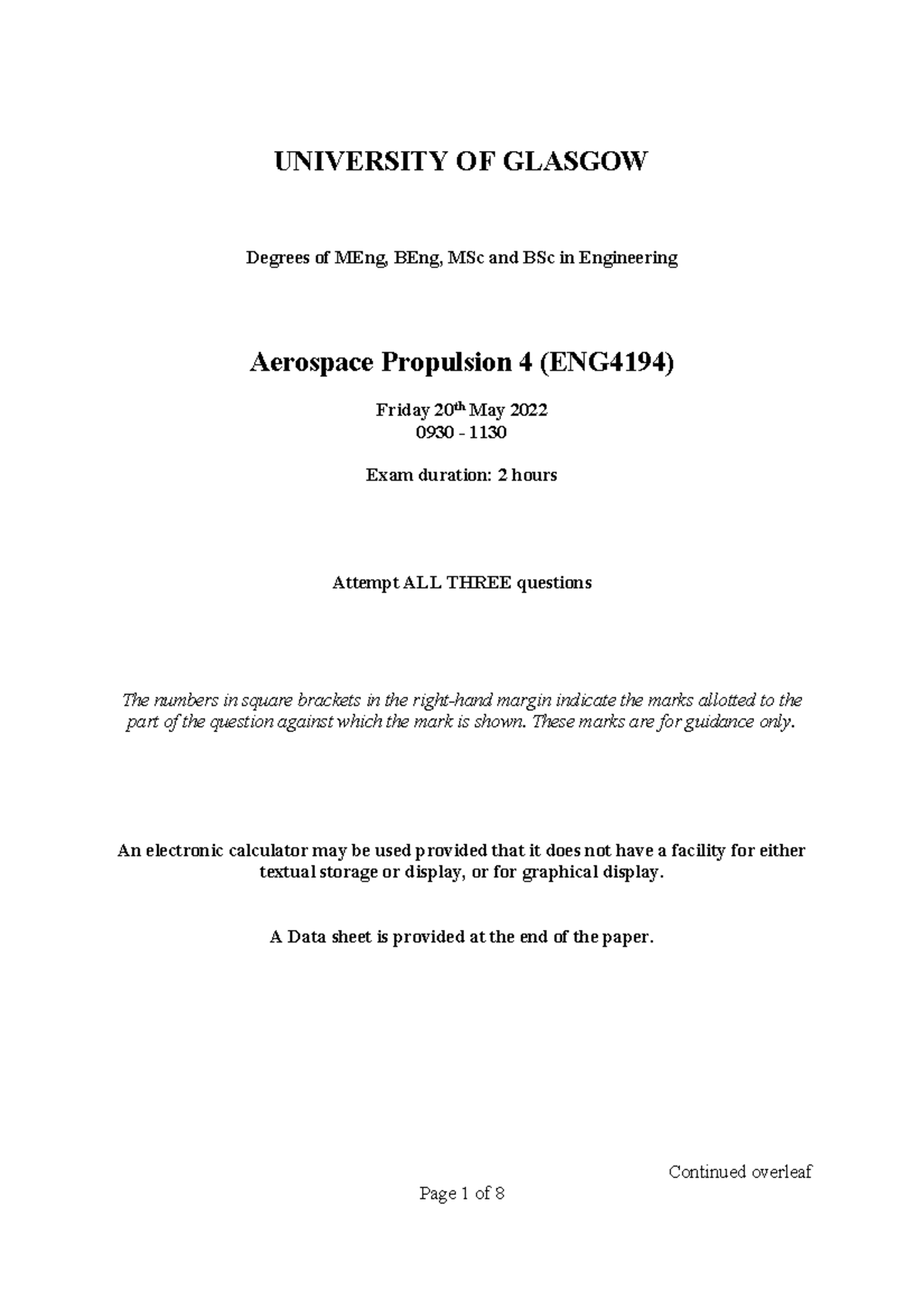 ENG4194 1 Aerospace Propulsion 4 202204 - Continued overleaf UNIVERSITY ...