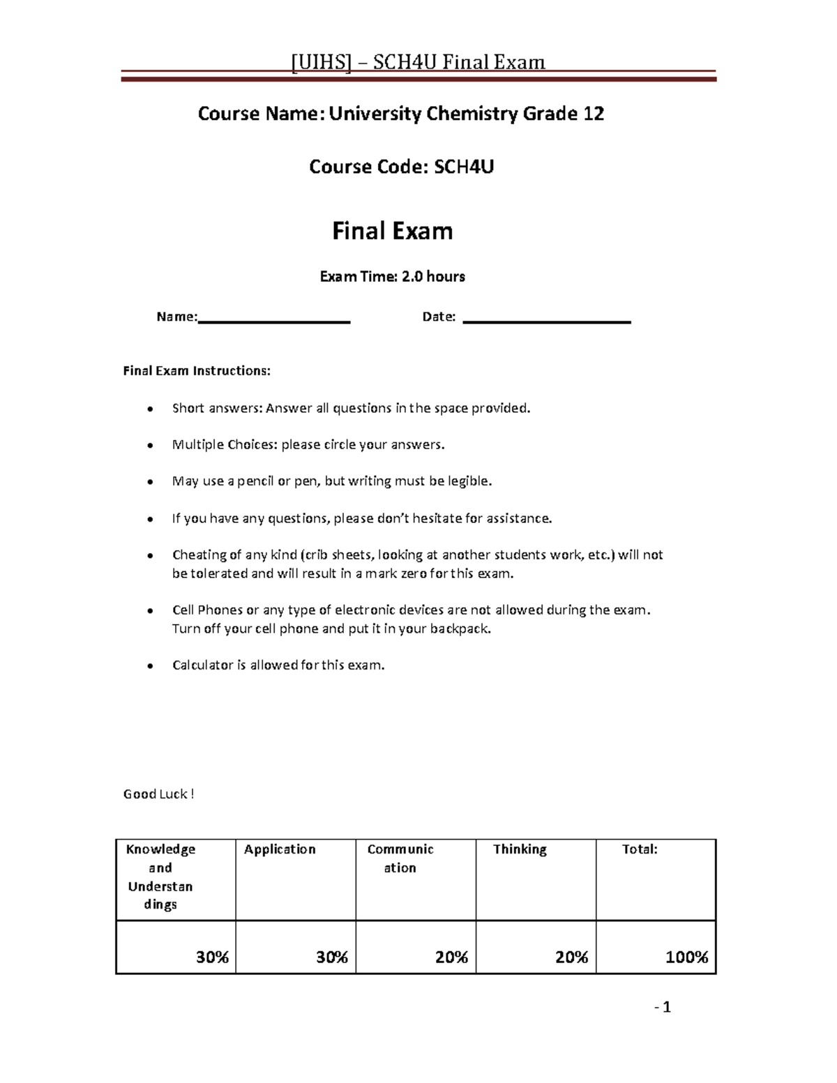 SCH4U Final Exam with Assignment (Question only) - Course Name ...