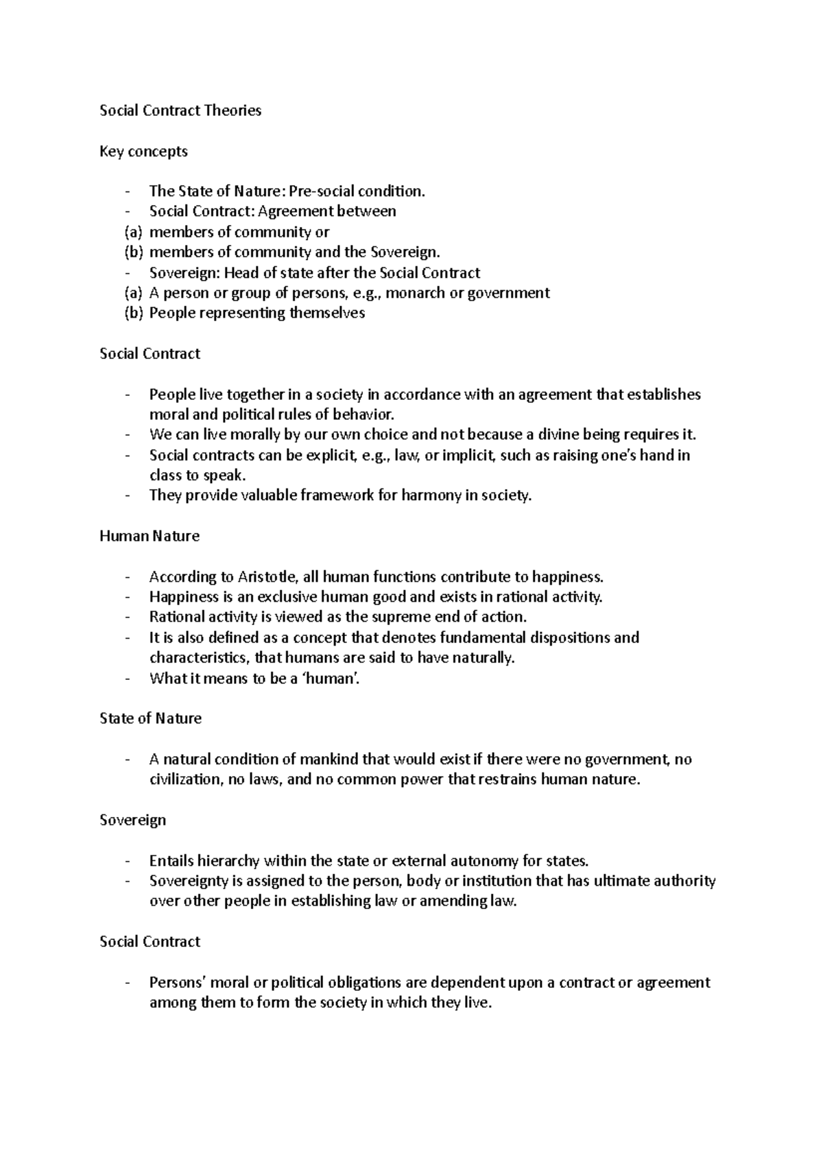 Social Contract Theories - Social Contract: Agreement between (a ...