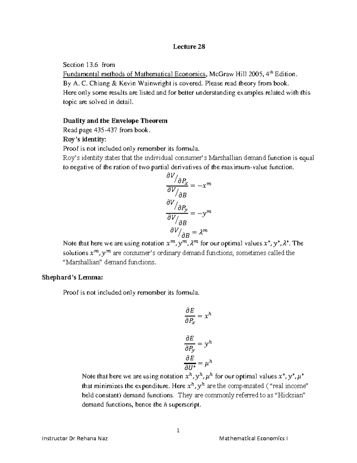 Lecture 28, Duality and the Envelope Theorem - 1 Lecture 28 Section 13 from Fundamental methods ...