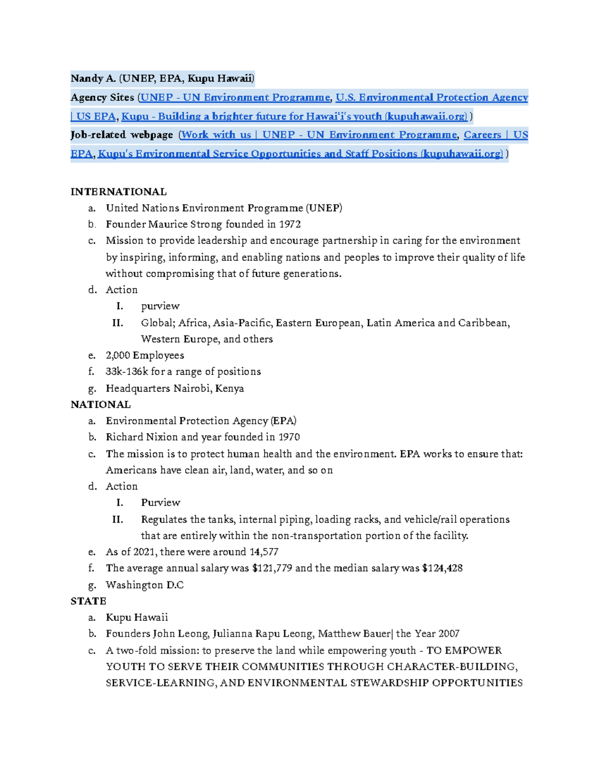 Agency Expose - Nandy A. (UNEP, EPA, Kupu Hawaii) Agency Sites (UNEP ...