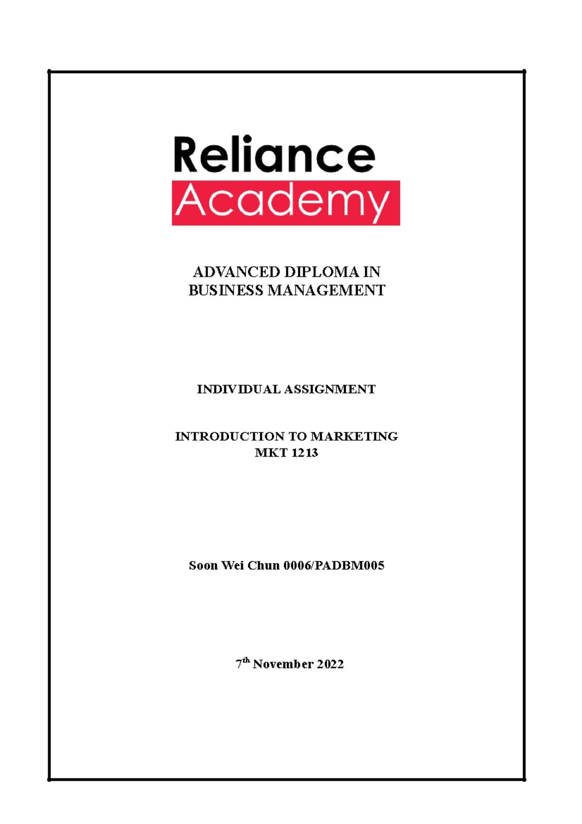 Introduction To Marketing 1 - ADVANCED DIPLOMA IN BUSINESS MANAGEMENT ...