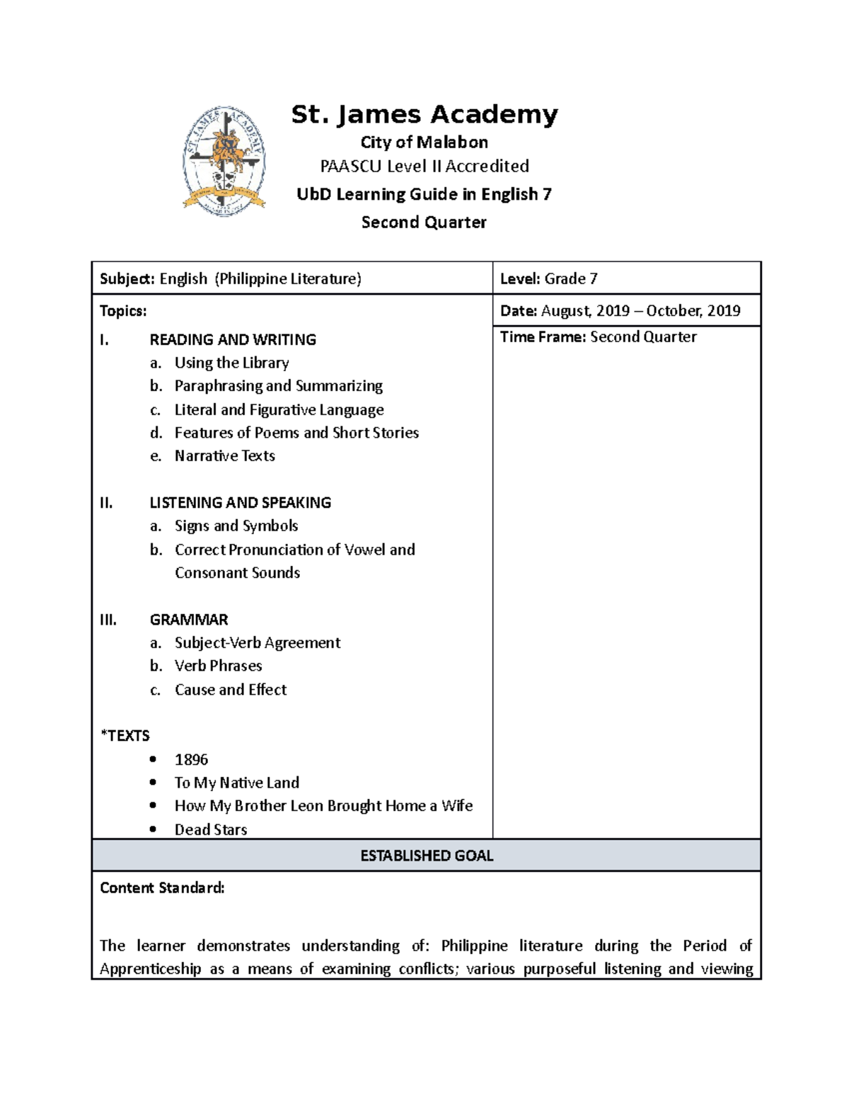 English 7 Q2 LG - lesson plan - St. James Academy City of Malabon ...