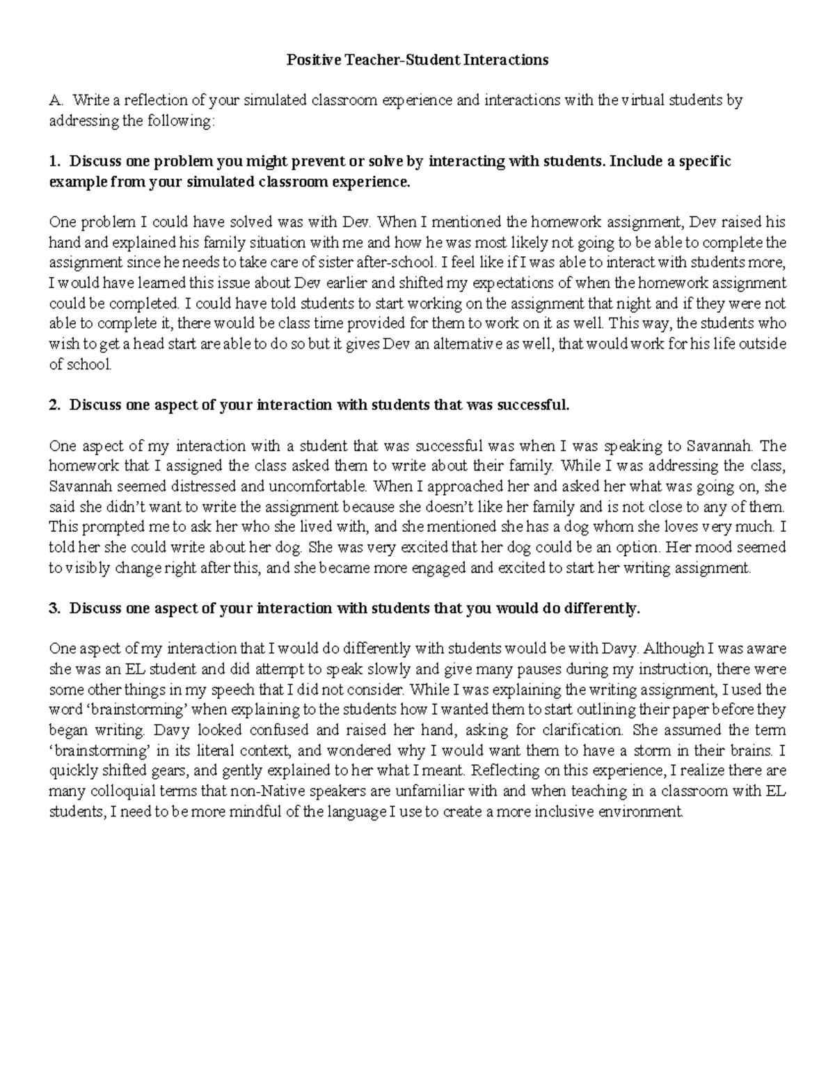 D095 Task 3 - Positive Teacher-Student Interactions - Positive Teacher ...