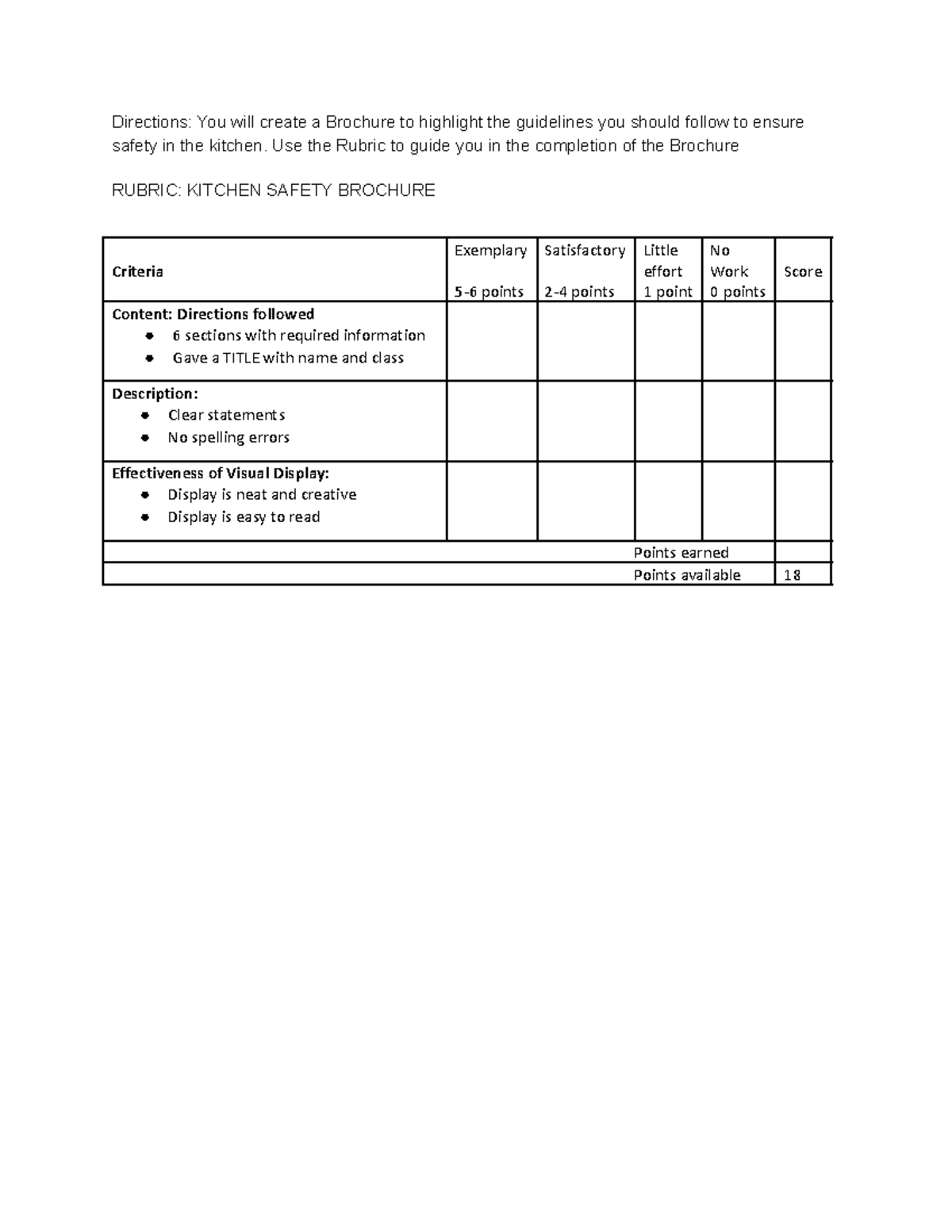Rubric Kitchen Safety Brochure - Directions: You will create a Brochure ...