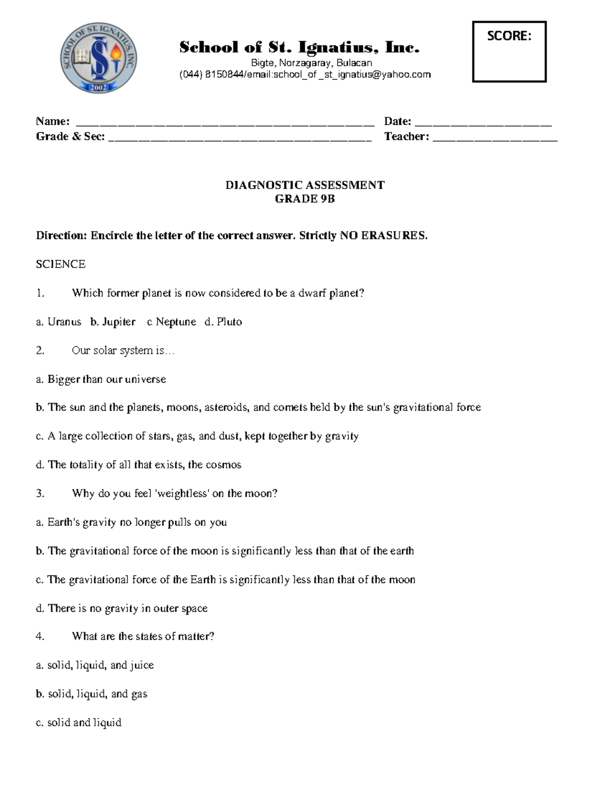 Diagnostic-TEST - A GREAT TEST FOR GRADE 8 - School of St. Ignatius ...