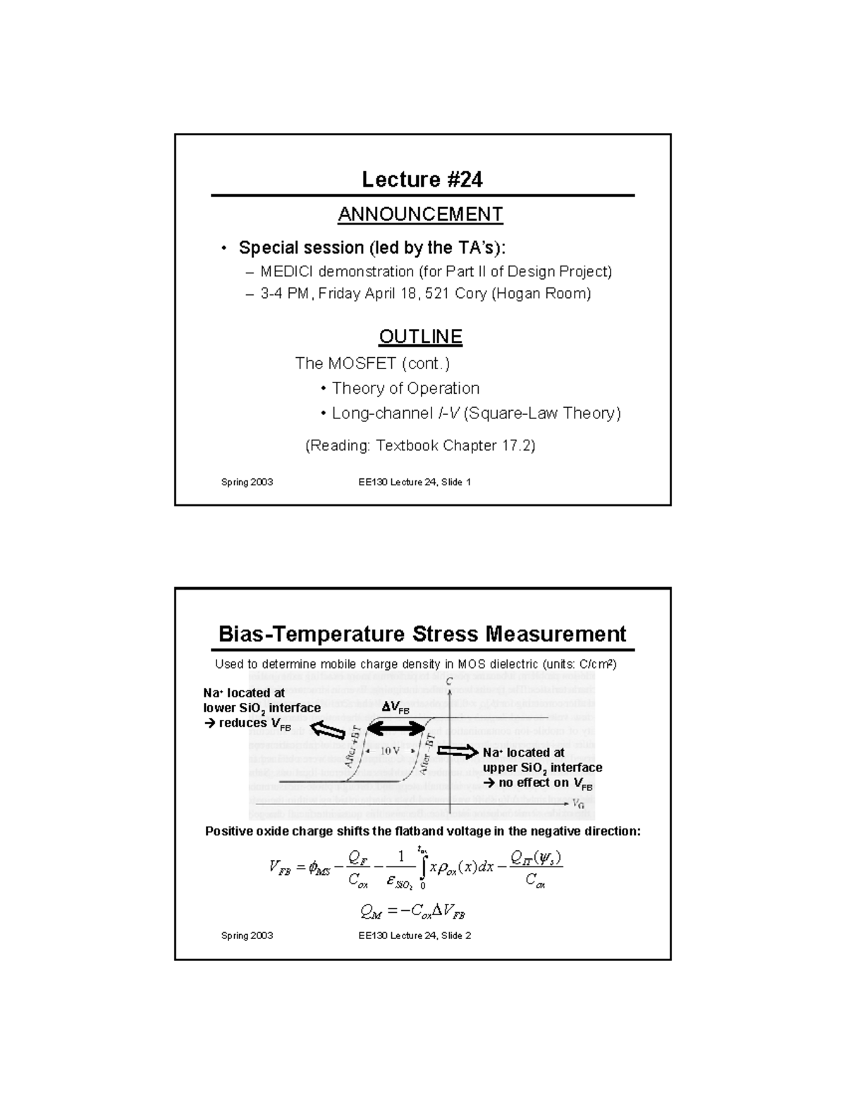 Lecture 24 Asd Spring 2003 Ee130 Lecture 24 Slide 1 Lecture Announcement ï Special