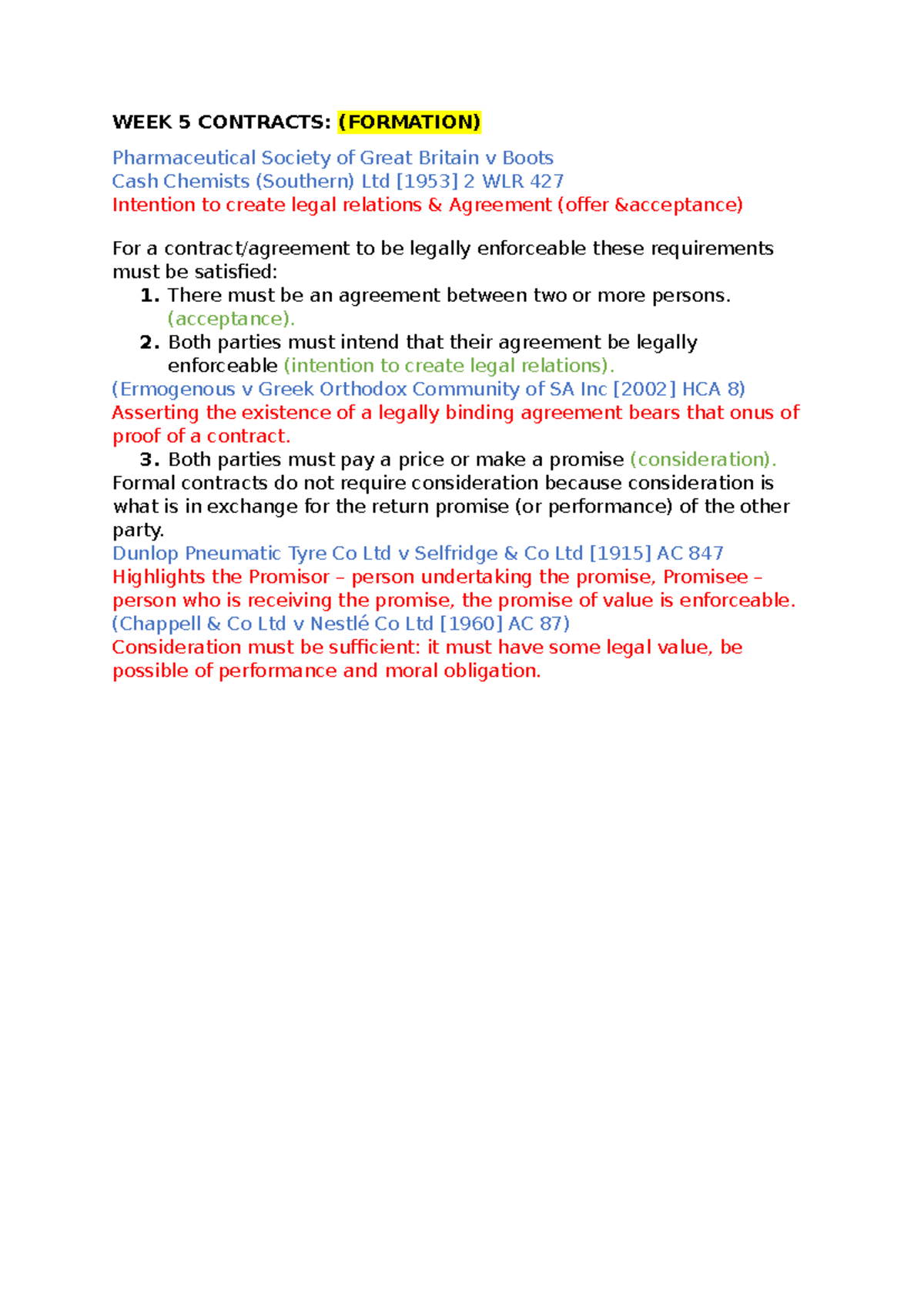 Cheat Sheet - WEEK 5 CONTRACTS: (FORMATION) Pharmaceutical Society of ...