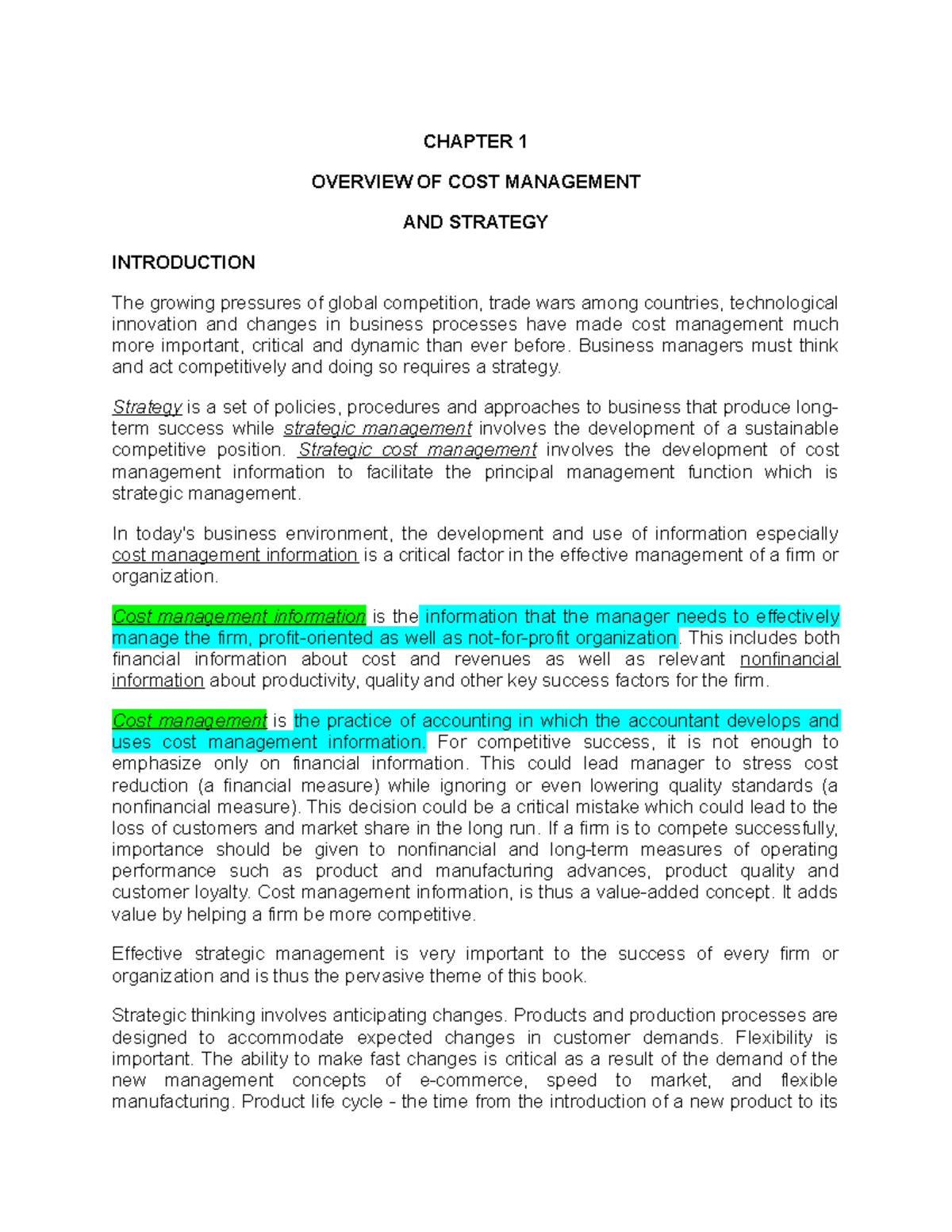 Chapter 1-MNGT8 - CHAPTER 1 OVERVIEW OF COST MANAGEMENT AND STRATEGY ...